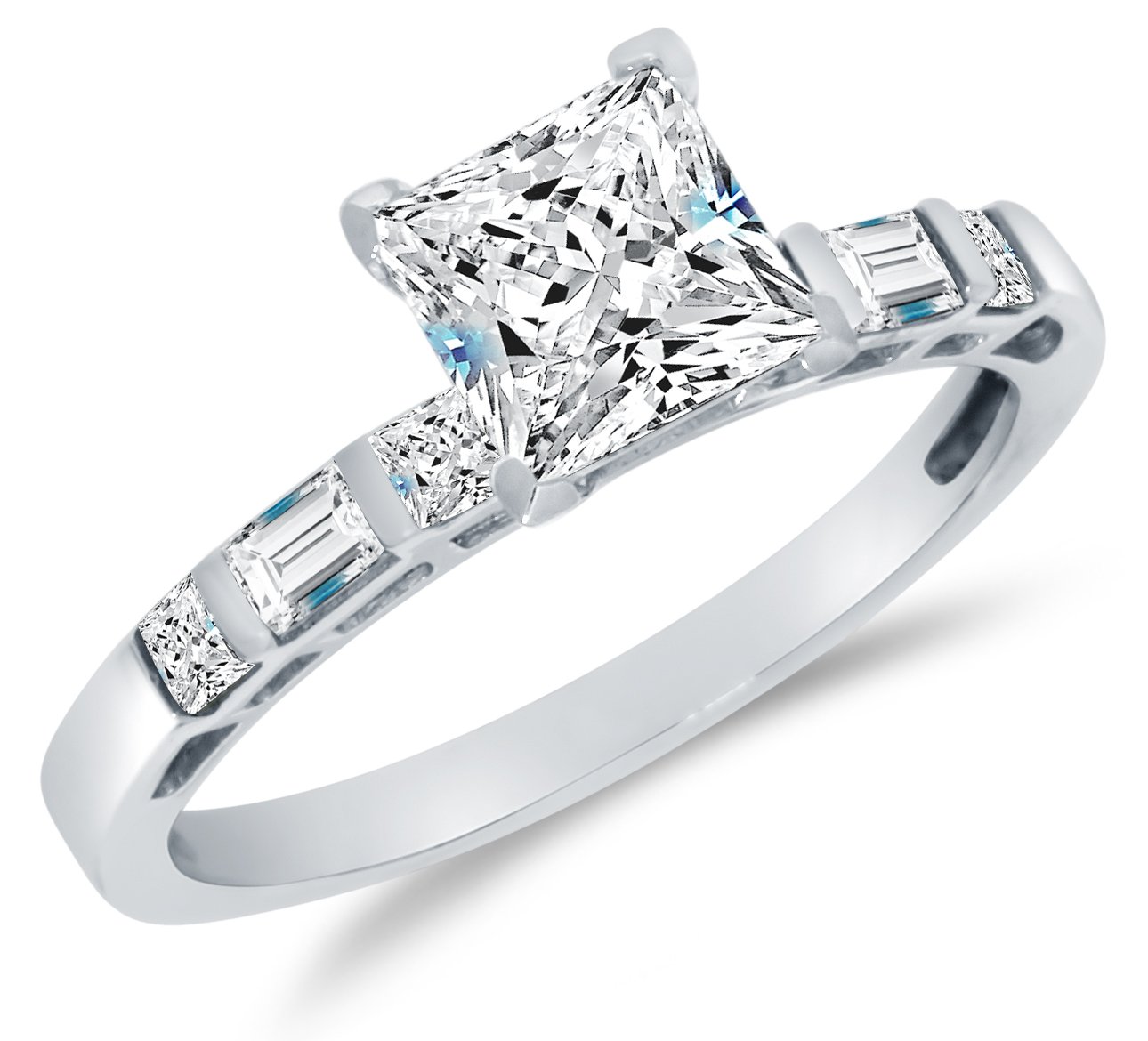 Size 7 - Solid 14k White Gold CZ Cubic Zirconia Bridal Engagement Ring w/Matching Wedding Band Two Ring Set - Princess Cut Solitaire with Baguette Side Stones (1.75cttw., 1.0ct. Center)
