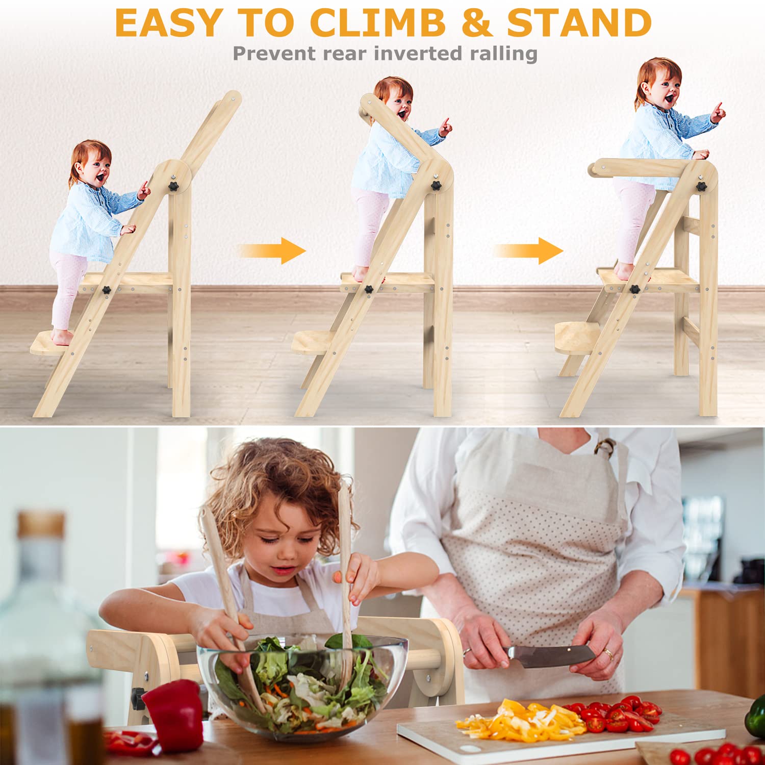 Toddler Step Stool, Folding Wooden Step Stool, Montessori Toddler Tower, Kids Step Stool Toddler Tower, Kitchen Step Stool Helper for Toddlers, Kitchen Step Stool Helper Standing Tower
