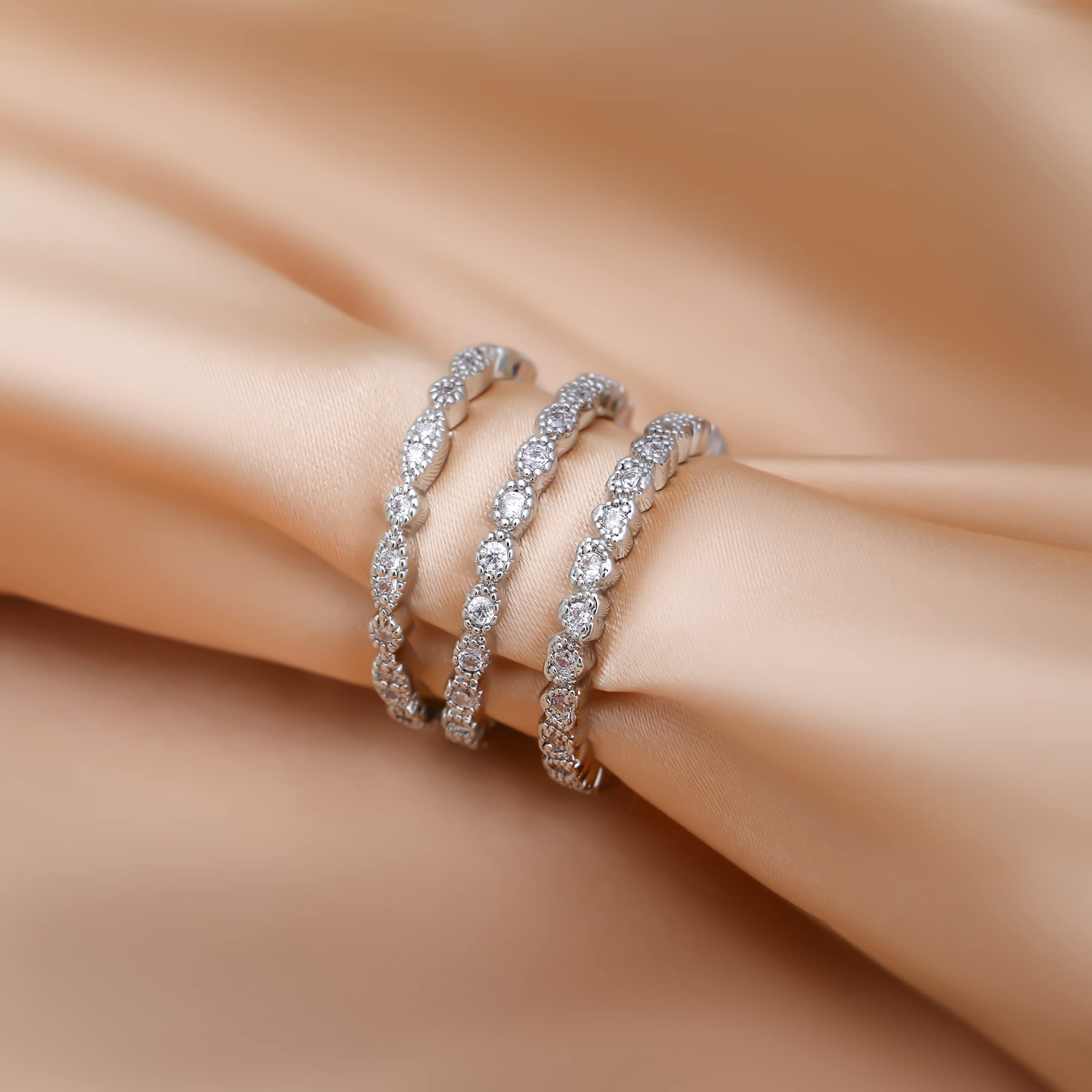 ZOERAY 3pcs Stackable Rings for Women 14K White Gold Plated Cubic Zirconia Knuckle Rings Wedding Band Engagement Ring Set Promise Rings for Her Size 5-10