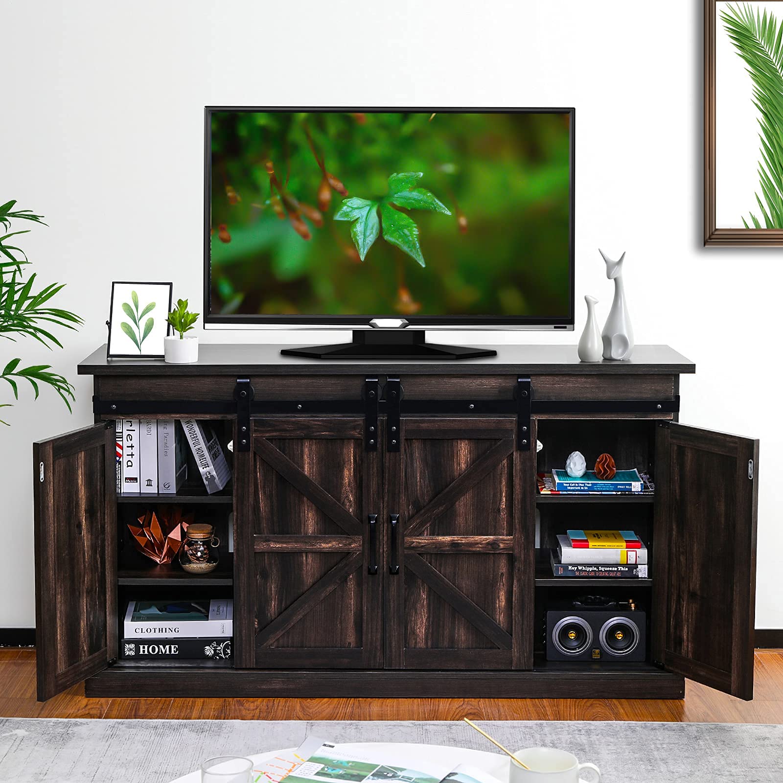 TURBRO Fireside FS58 TV Stand, Supports TVs up to 65", with Farmhouse Style Sliding Barn Door, Entertainment Center and Adjustable Shelves for Living Room Storage, Espresso (TV Stand Only)