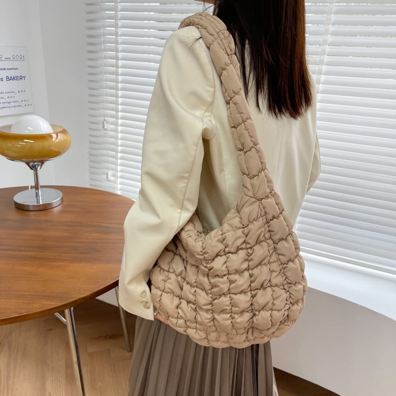Rejolly Puffer Quilted Shoulder Bag for Women Puffy Bubble Tote Bag Lightweight Nylon Handbag Padded Soft Purse Khaki