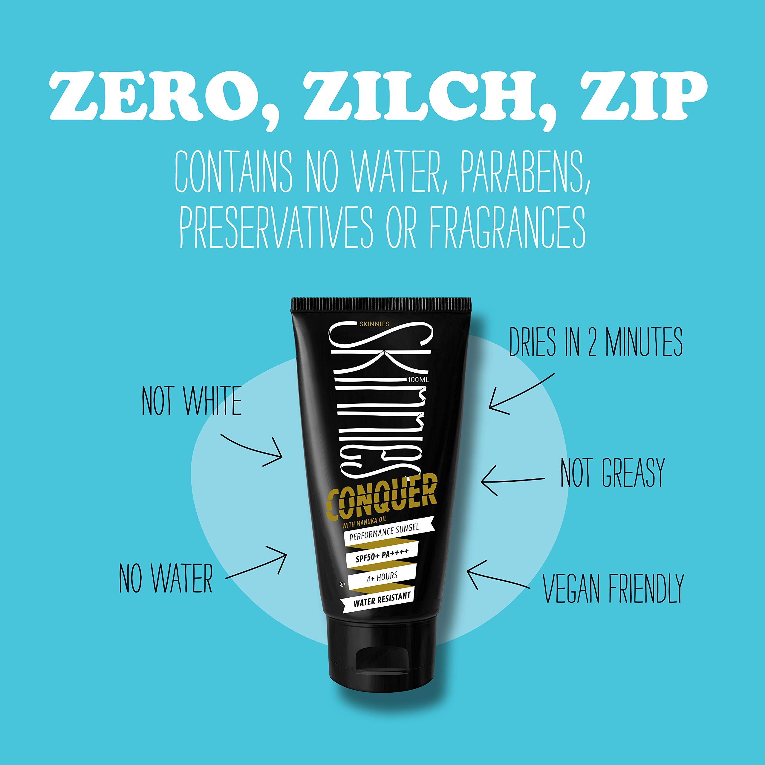 Skinnies 100ml SPF50+ CONQUER, Sungel Sun Cream, Broad Spectrum, Reef Safe, Water Resistant 4 hours