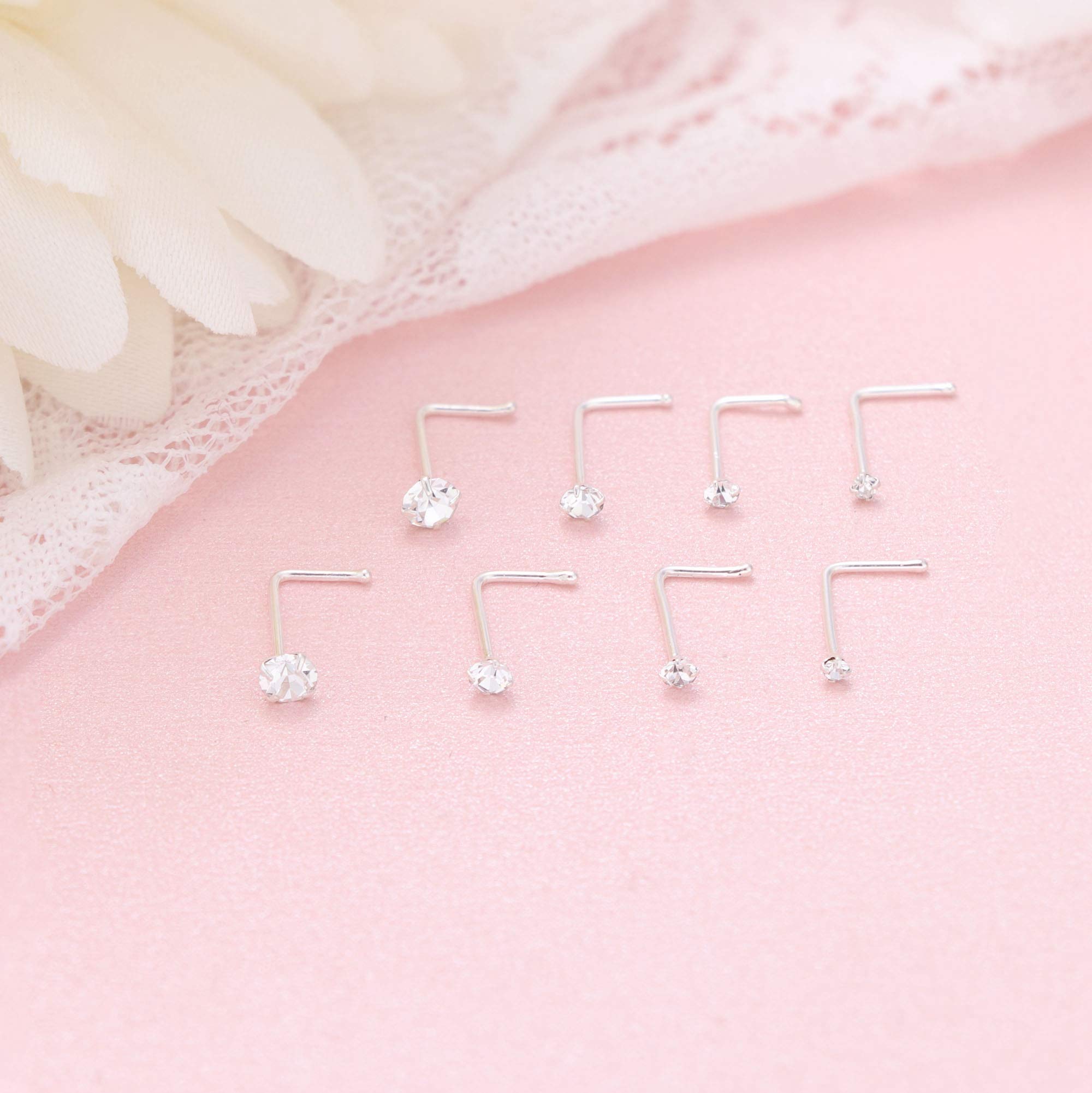 Sllaiss 22G 8Pcs Small L Shape Nose Rings Piercing Pin Studs for Women Men 925 Sterling Silver Nose Studs Rings Body Jewelry 1.5mm 2mm 2.5mm 3mm Hypoallergenic