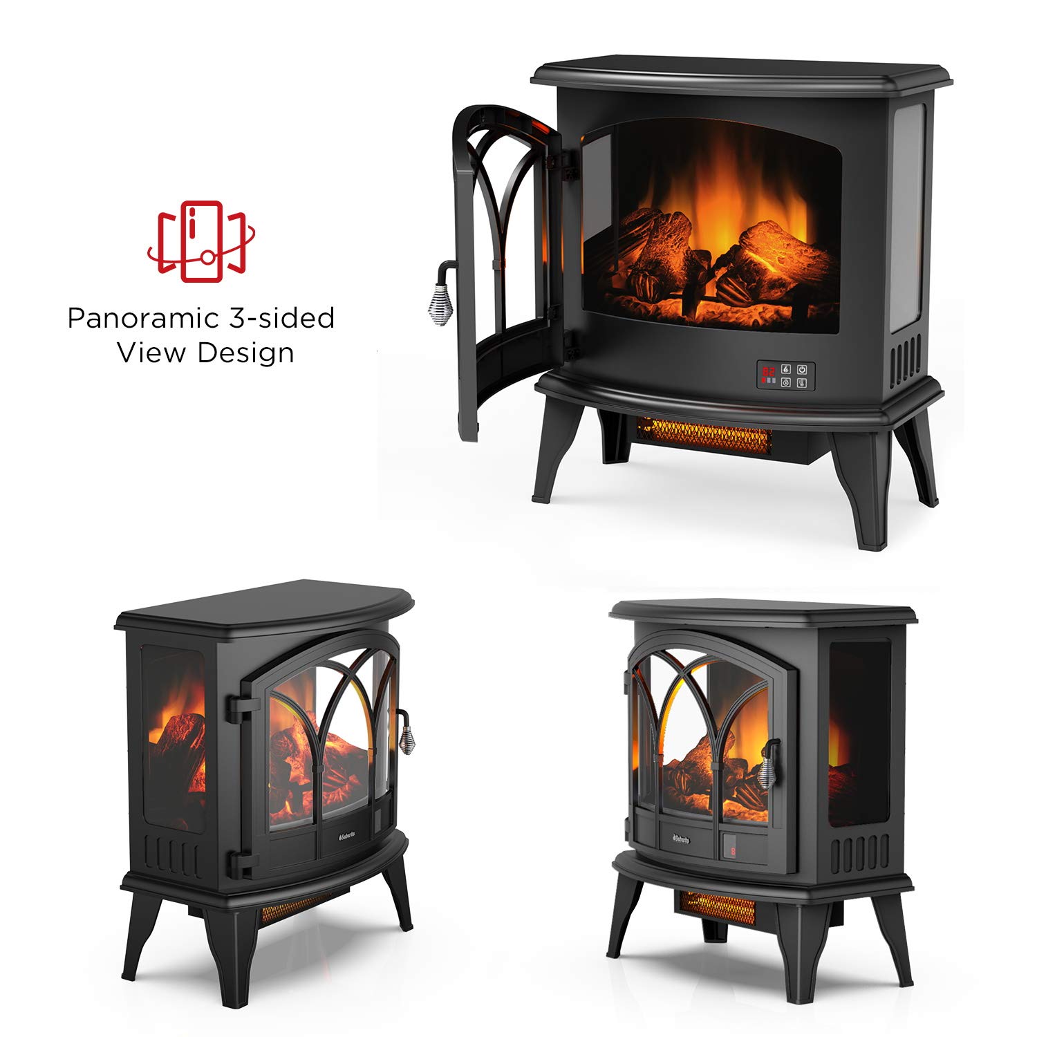 TURBRO Suburbs TS23-C Electric Fireplace Infrared Heater with Curved Door- 23" Freestanding Fireplace Stove with Adjustable Flame Effects, Overheating Protection, Timer, Remote Control - 1400W, Black