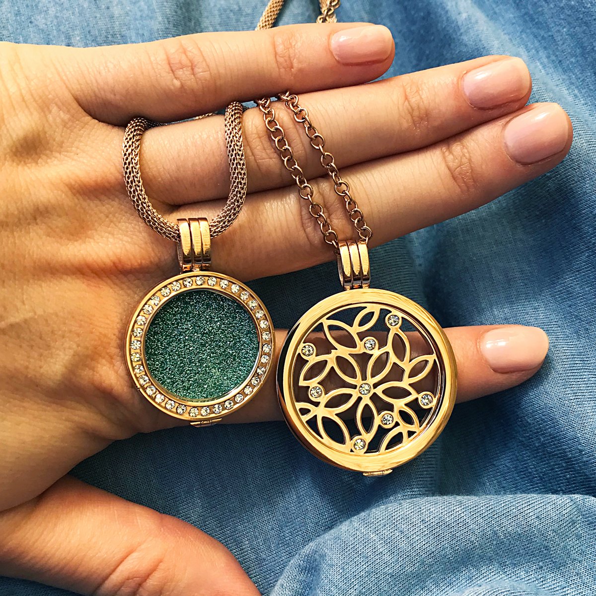 Quiges Rose Gold Plated Stainless Steel Interchangeable 33mm Coin Pendant Holder Locket Zirconia Stones
