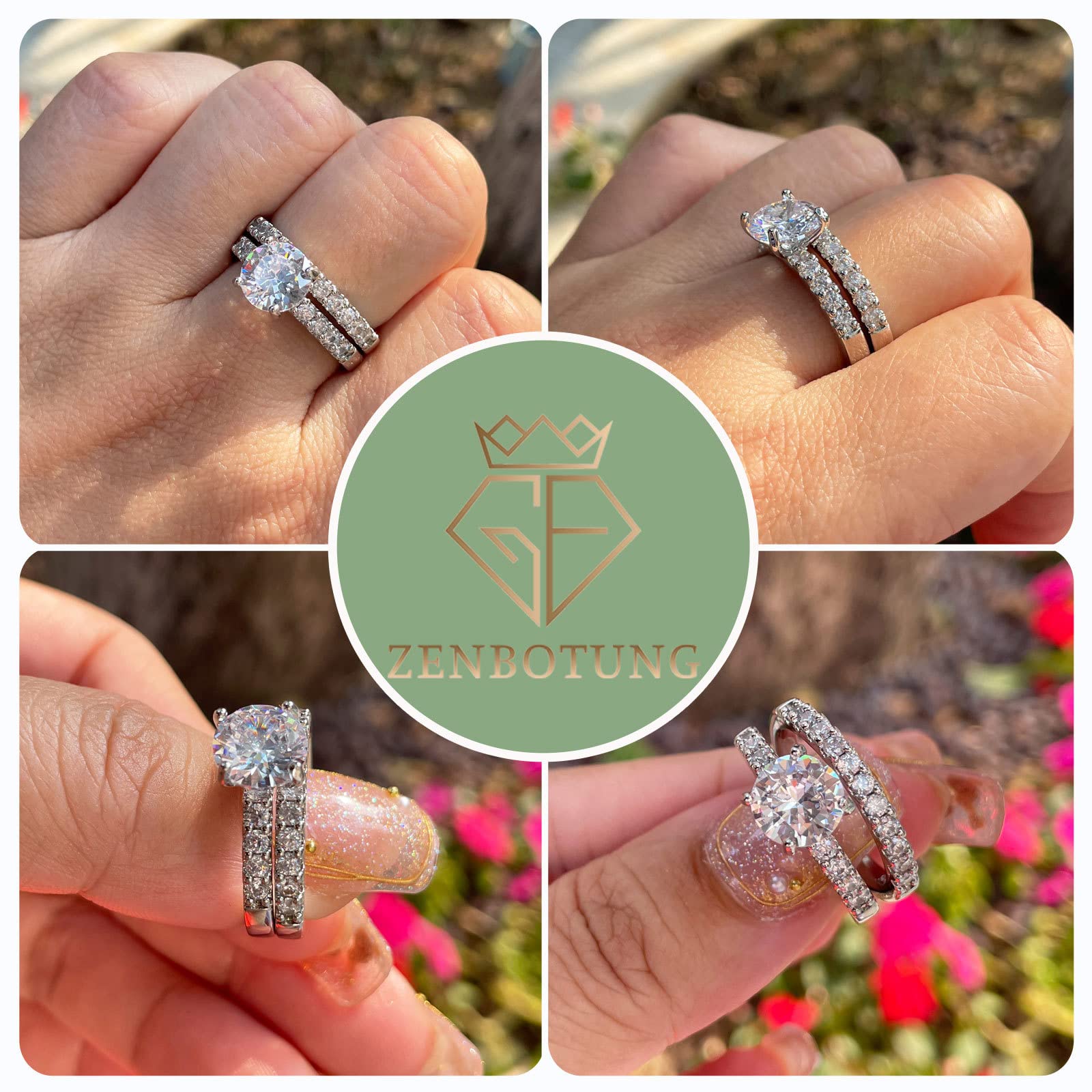 ZENBOTUNG 2.5CT Bridal Ring Sets AAAAA Cz White Gold Wedding Bands Round Engagement Promise Rings for Women Size 10