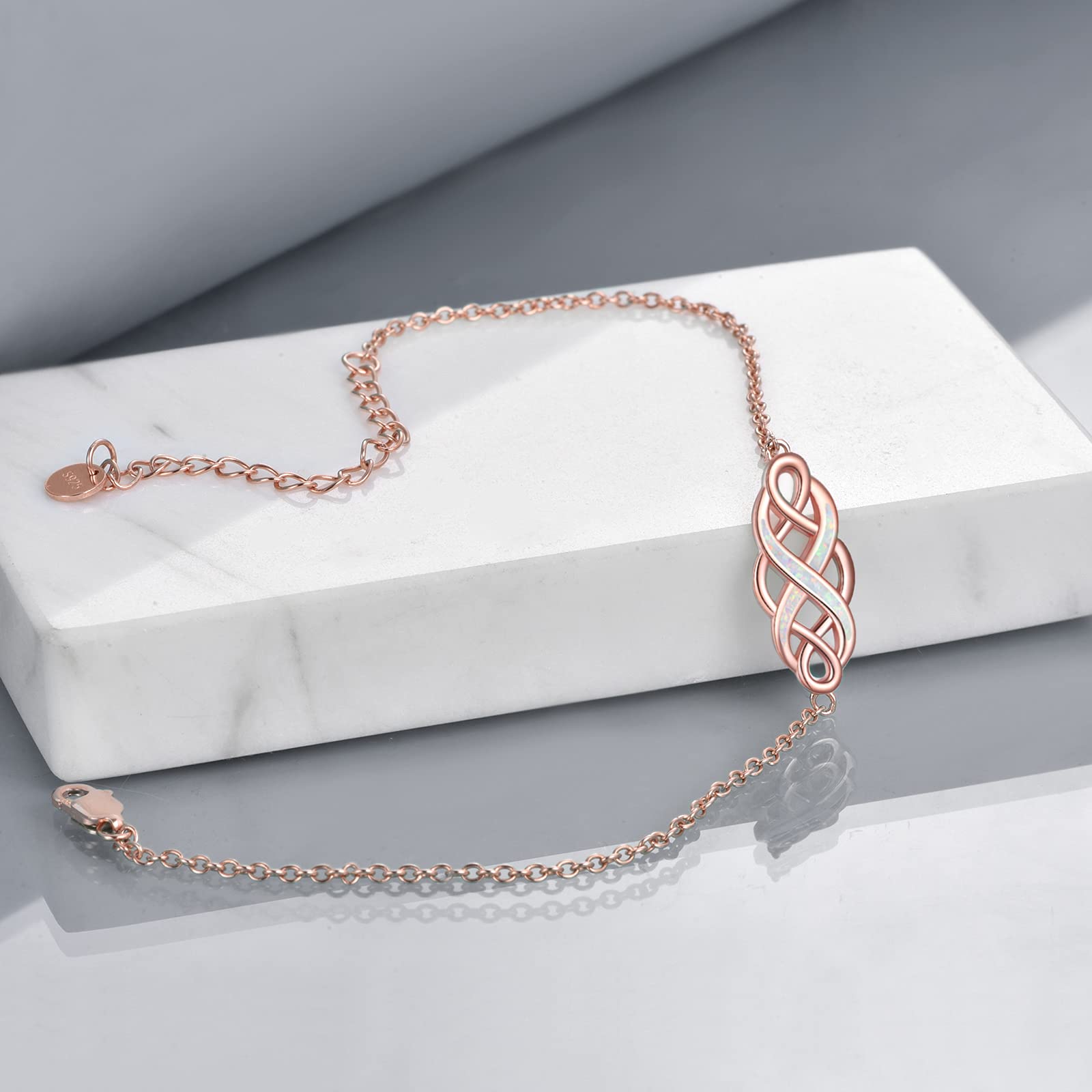 YFN Rose Opal Bracelets Irish Celtic Knot Jewelry Sterling Silver Infinity Love Adjustable Bracelet for Women (Pink)