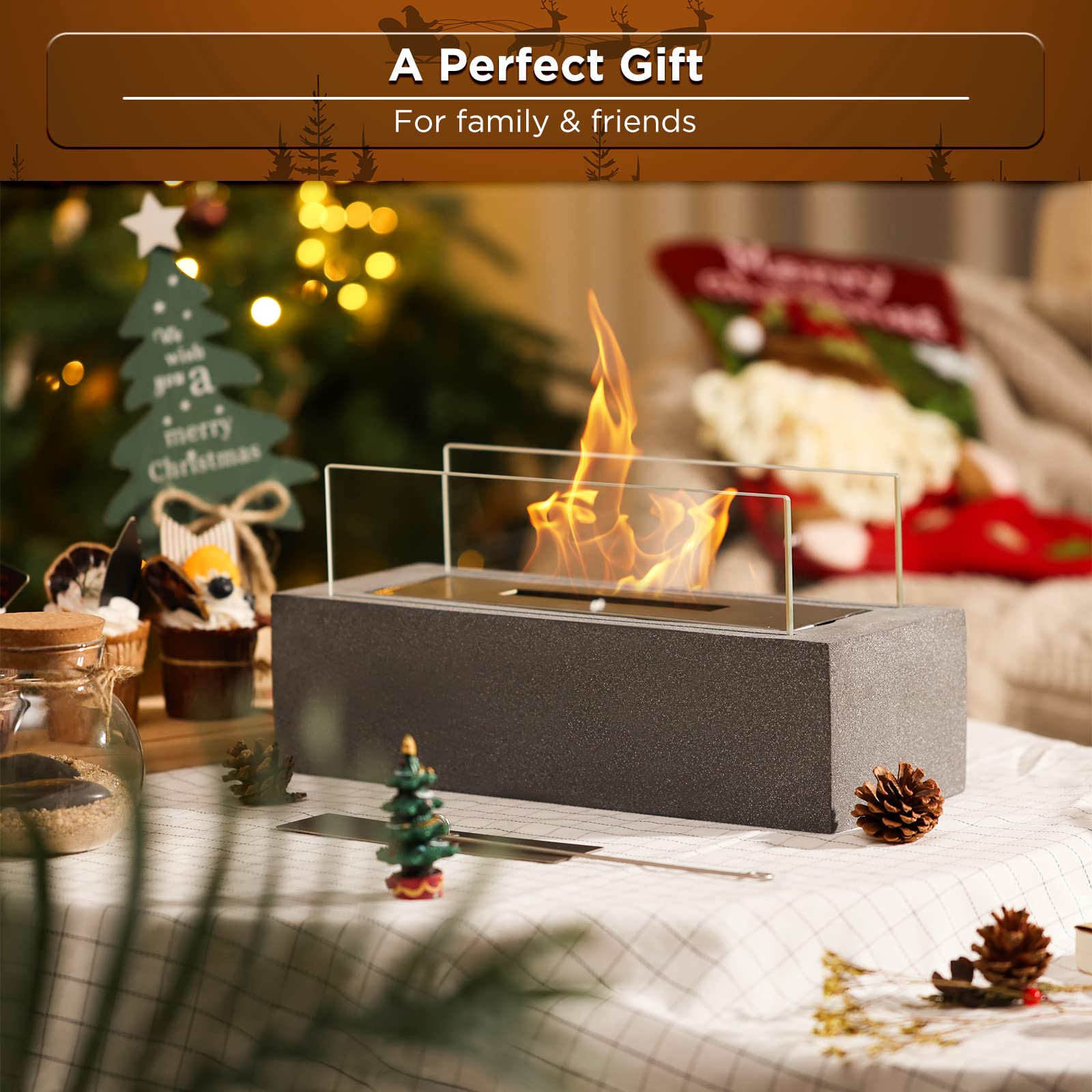 TURBRO Tabletop Ethanol Fuel Fire Pit, Portable Alcohol Fireplace Bowl for Indoor, Patio, Outdoor, Balcony, Smokeless Odorless Clean Burning, Modern Decor, Cement, Fireside FP14CG