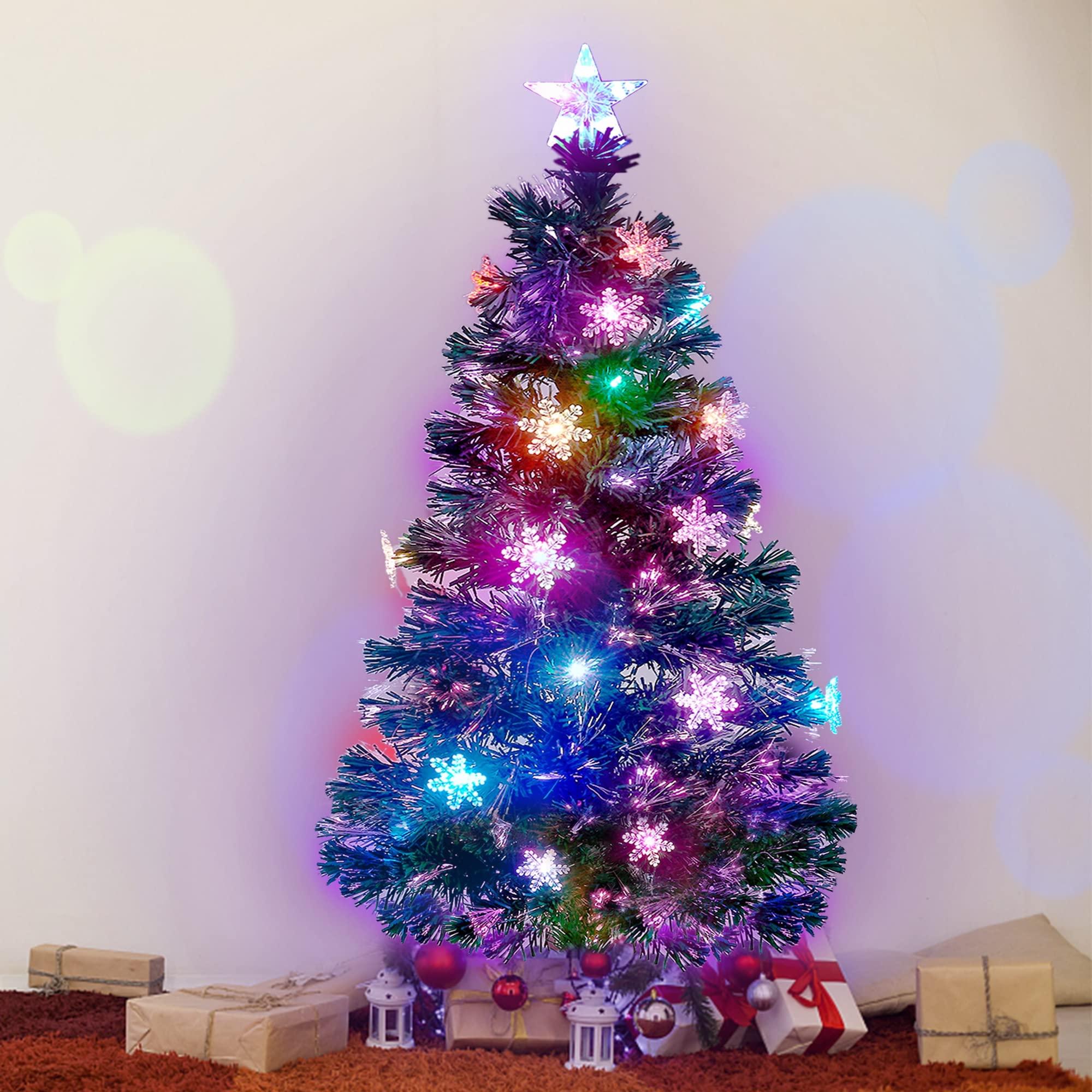 Prsildan 3 FT Artificial Christmas Tree, Pre-Lit Optical Fiber Xmas Trees with Multicolor LED Lights, Snowflakes & Top Star, Lighted Christmas Tree Holiday Home Decor