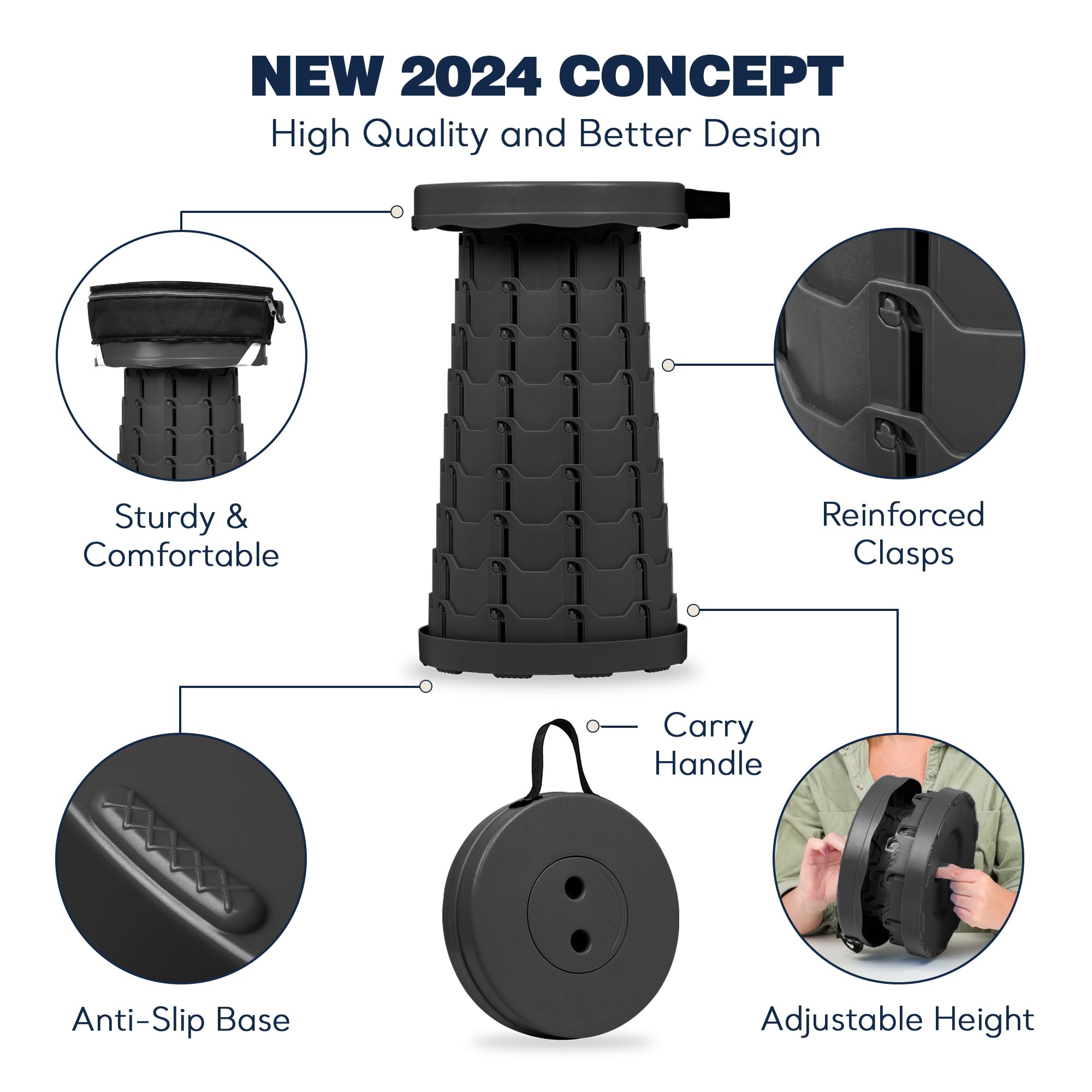 Upgraded Collapsible Stool With 3-in-1 Backpack, Cushion & Beverage Holder- Perfect Lightweight Yet Strong & Sturdy With Load Capacity 400lbs Retractable Stool For Camping, Hiking & Fishing (Black)