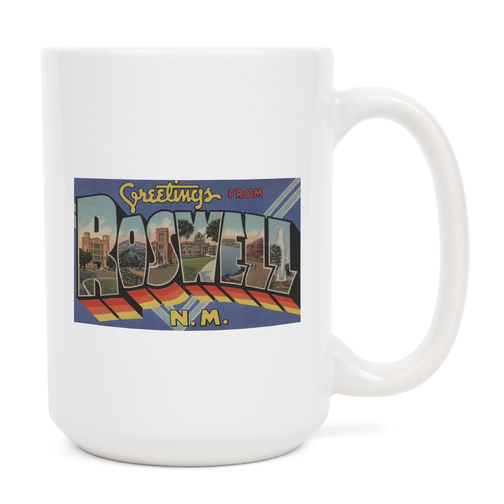 Roswell, New Mexico, Large Letter Scenes (15oz White Ceramic Coffee and Tea Mug, Dishwasher and Microwave Safe)