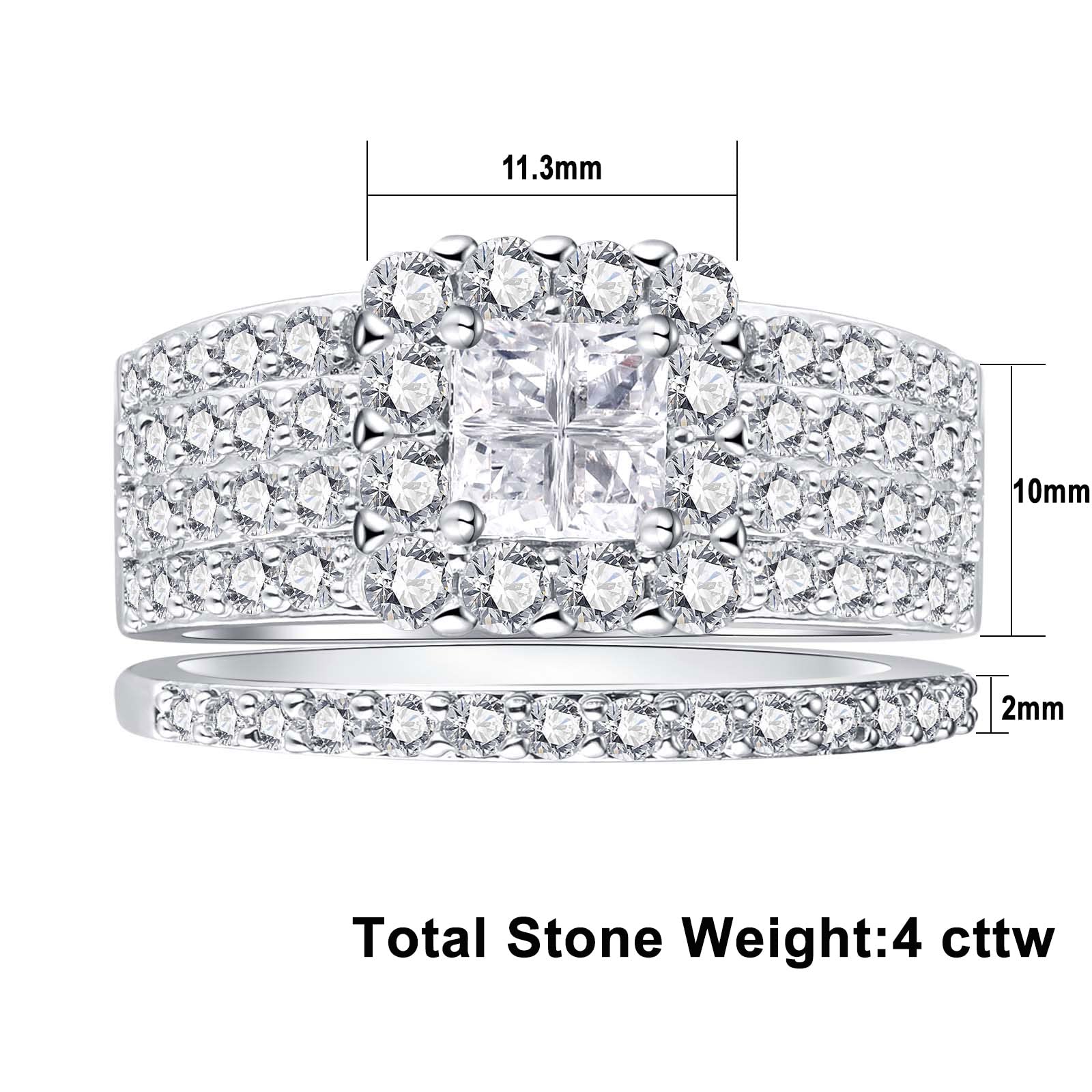 ZENBOTUNG Engagement Rings Bridal Ring Set for Women 4Ct Princess AAAAA Cz 18K White Gold Wedding Bands Size 10