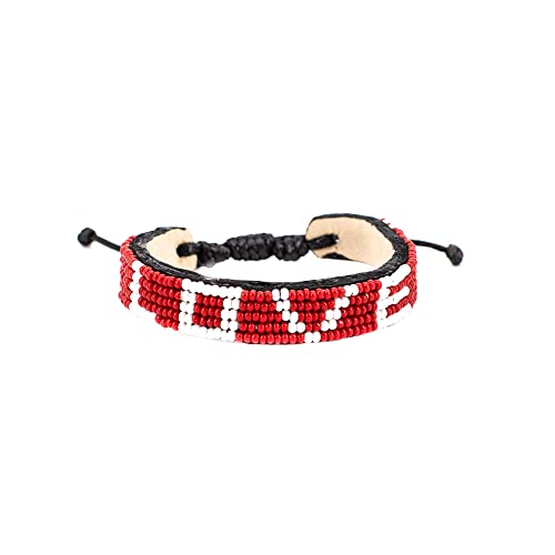 Ubuntu Life Love Beaded Leather Bracelet – Handmade Glass Bead Bracelet with Slide Closure and Genuine Leather, Stackable Boho Bracelets for Women and Men (Red/White, 1 Pack)