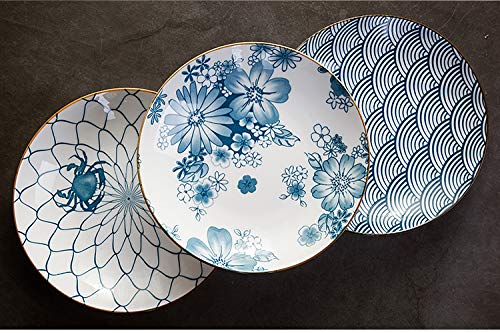 YALONG Ceramic Japanese Dinner Plates Set 7 Inch Appetizer Shallow Plates Serving Lunches, Cheese Salad, Dessert Set of 4 Assorted Motifs Microwave & Dishwasher Safe