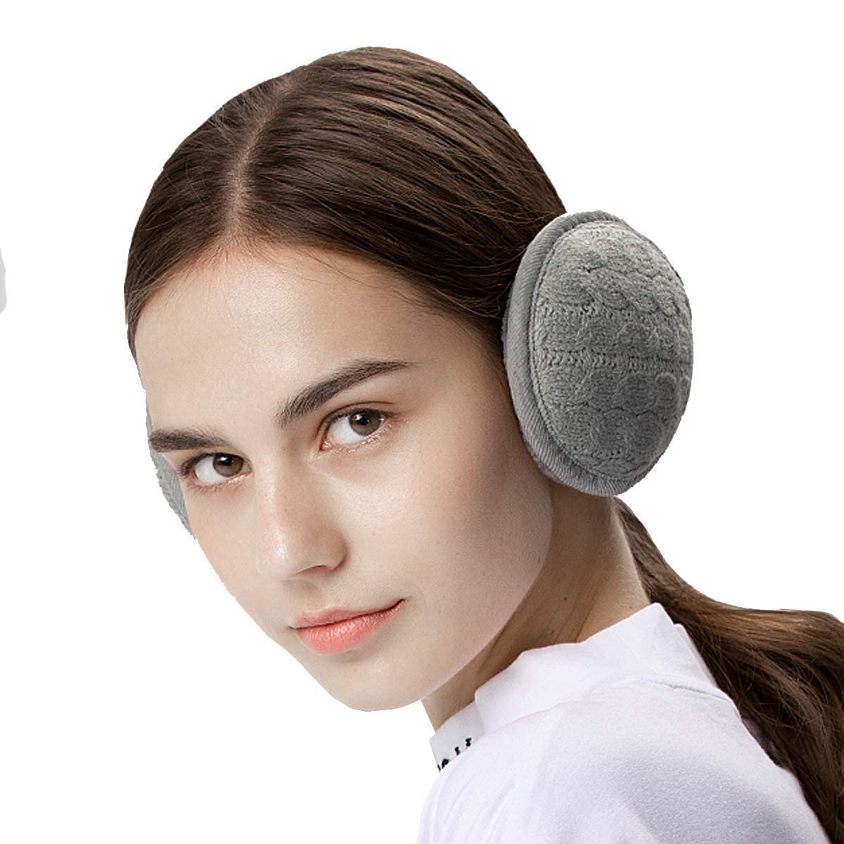 Sami Time Foldable Womens Ear Muffs,Winter Ear Warmers/Covers,Cable Knit Furry Fleece Unisex Earmuffs for Winter (A Gray)