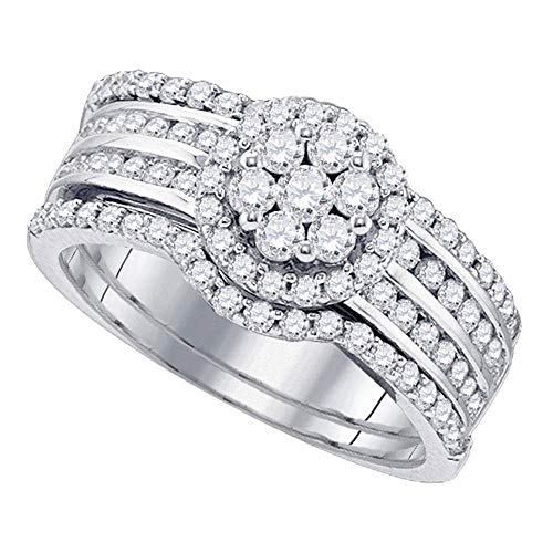 Solid 14k White Gold Round Diamond Cluster 3-Piece Bridal Wedding Engagement Ring Band Set 1.00 Ct. - Size 7