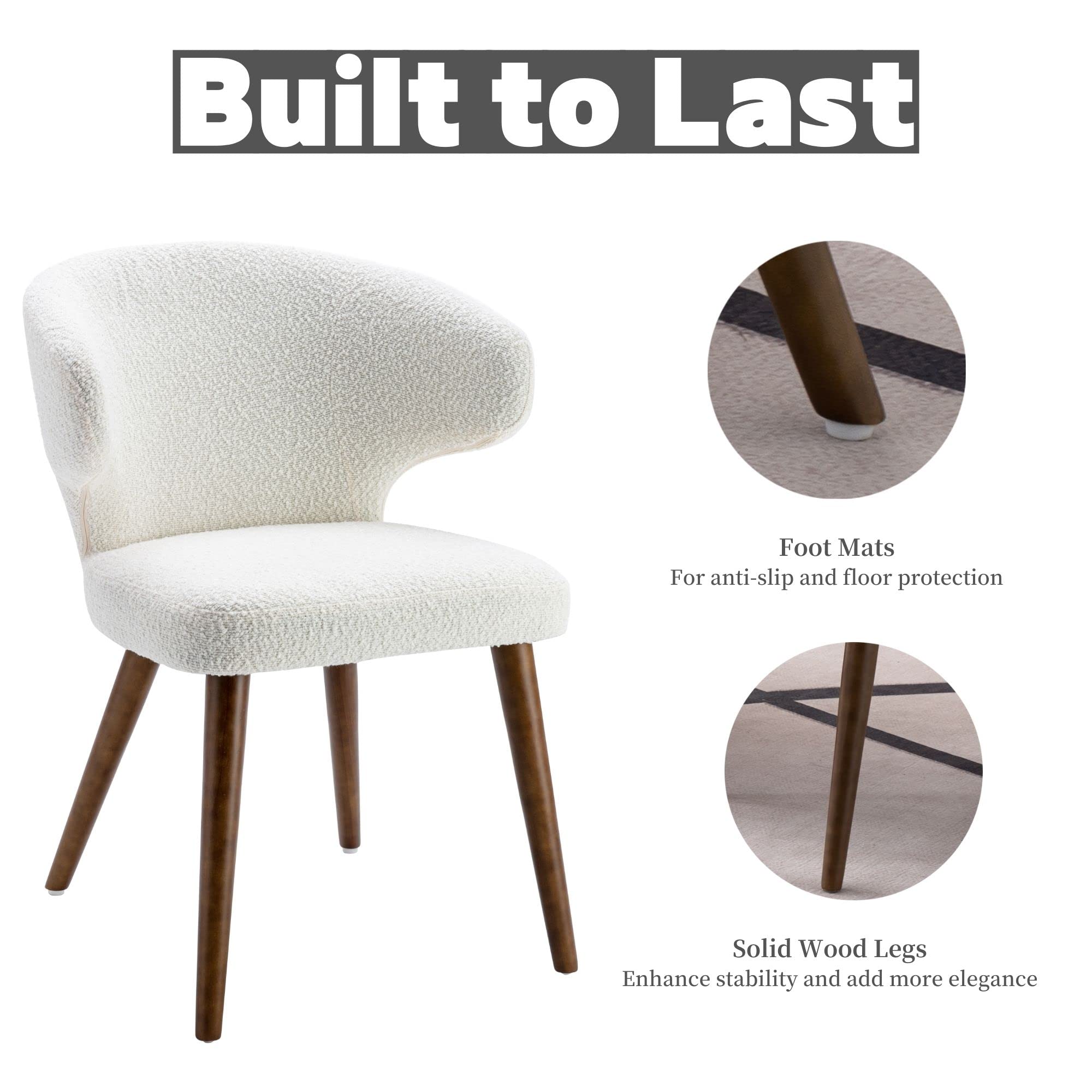 RIVOVA Upholstered Accent Arm Chairs Set of 6, Faux Sherpa Mid Century Modern Dining Chairs for Kitchen Dining Room Side Chairs with Wood Legs, White