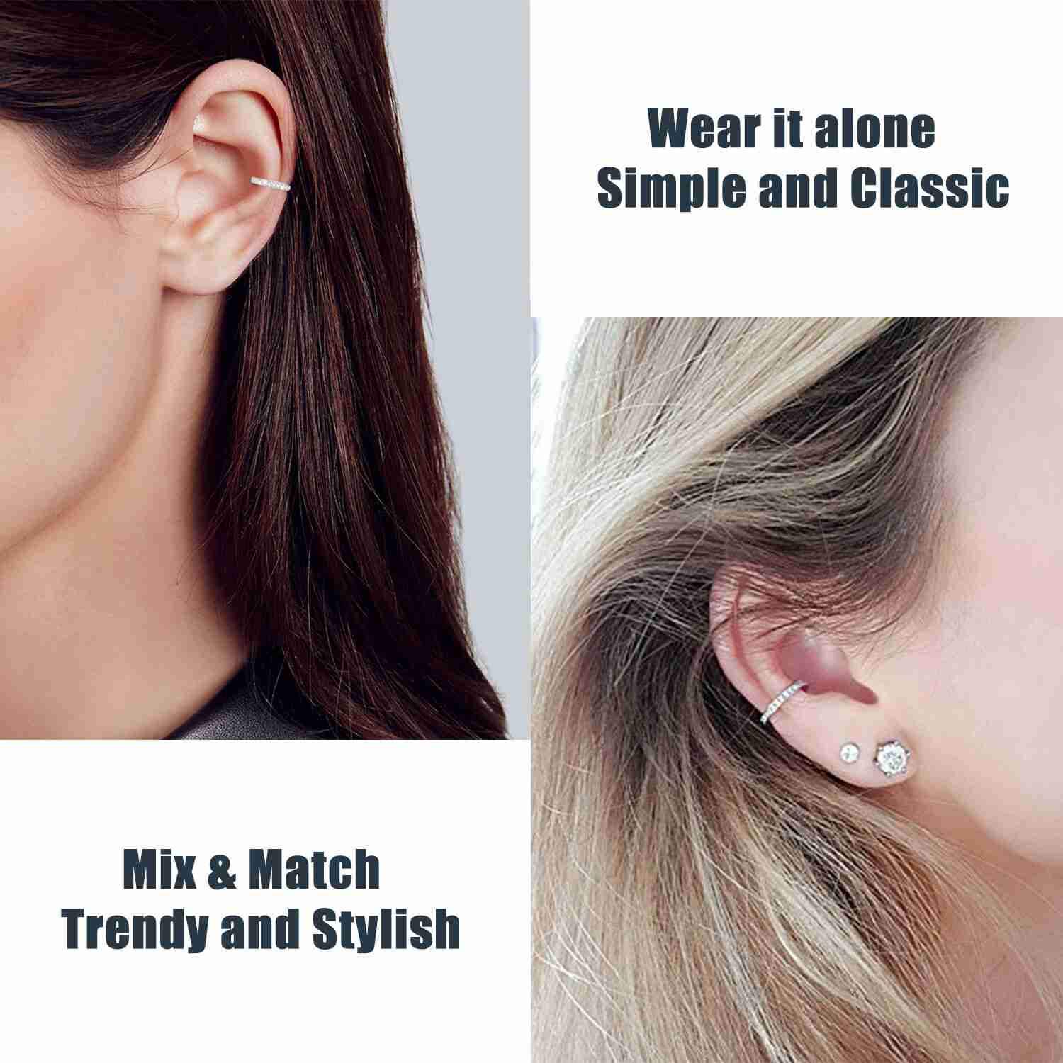 Sllaiss Minimalist 12mm Ear Cuff Cubic Zirconia 925 Sterling Silver Cuff Earrings for Women CZ Pave Non Pierced Ear Cuff 18K Gold Plated