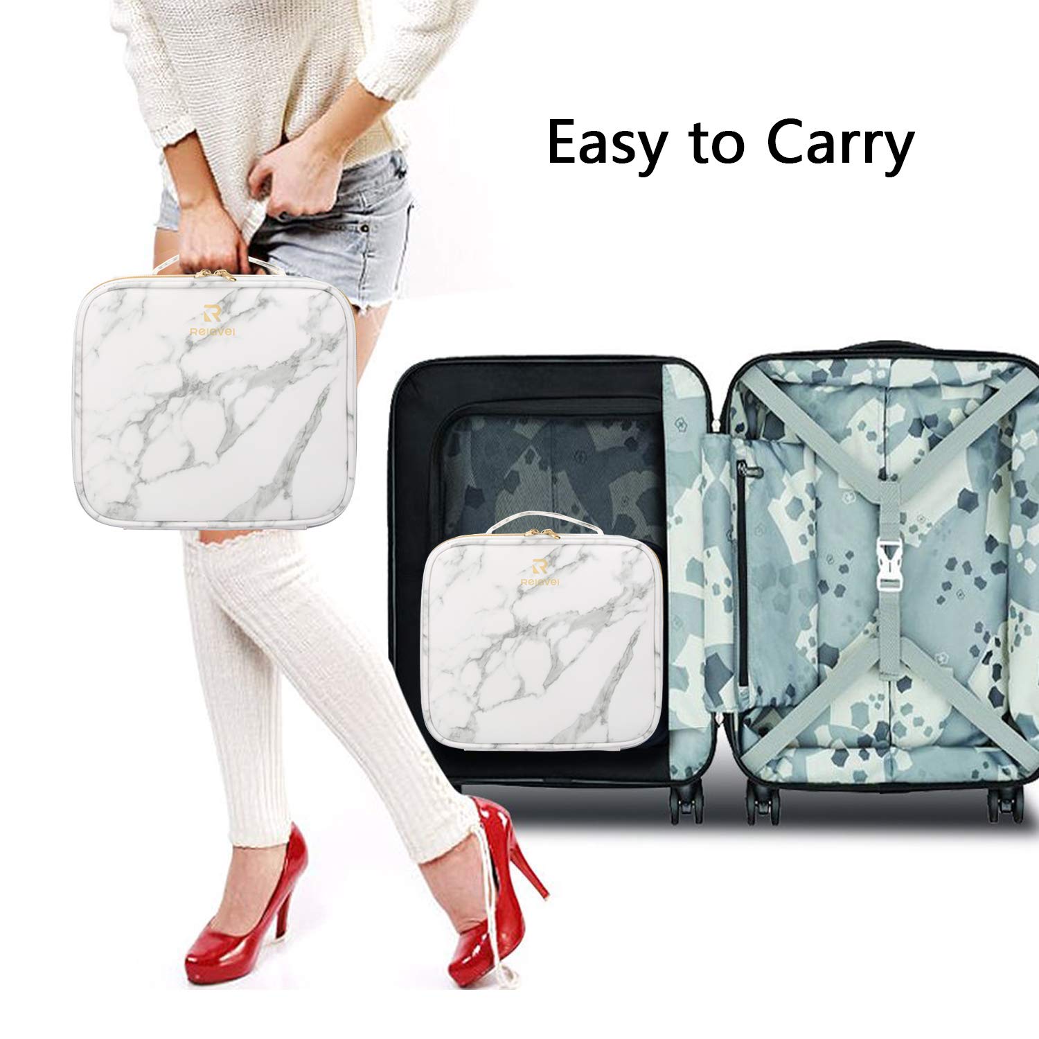 Relavel Marble Makeup Bag Large Organizer Bag Travel Train Case Portable Cosmetic Artist Storage Bag with Adjustable Dividers for Cosmetics Makeup Brushes (Marble Pattern)