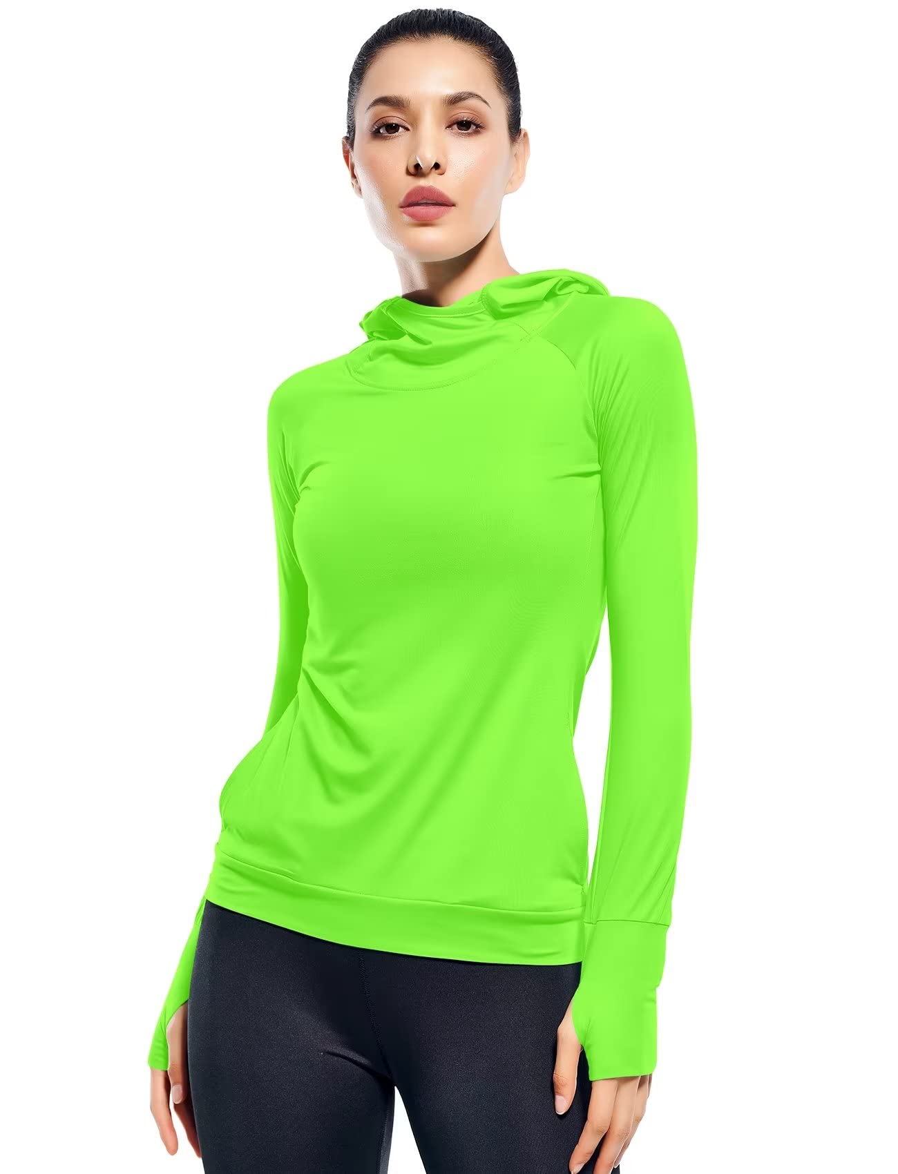 Zengjo Lightweight Hoodies for Women Running Yoga with Thumb Hole(Neon Green,S)