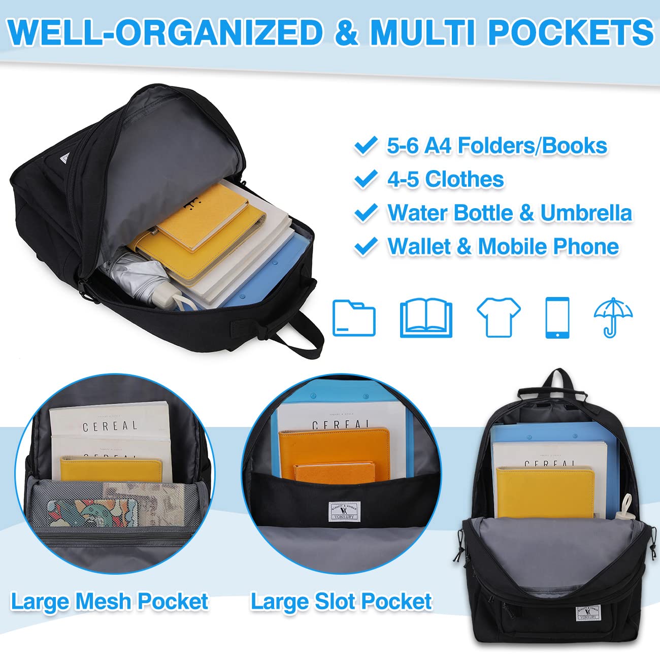 VX VONXURY School Backpack Water Resistant 15 Inch Girls Bookbag Schoolbag with Double Comparments Backpacks for Teen Boys