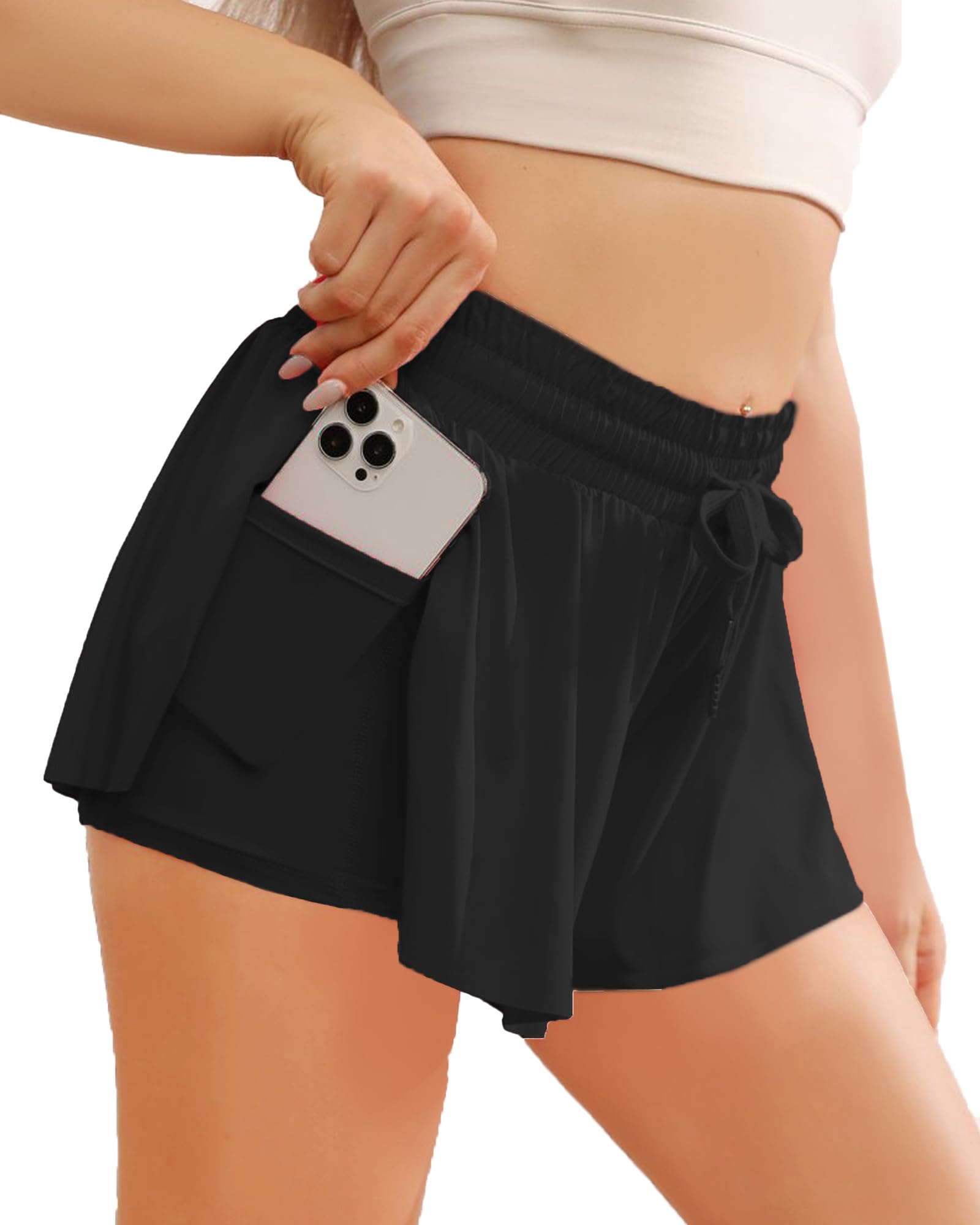 Wsirmet Flowy Shorts for Women Butterfly Shorts 2 in 1 Athletic Workout Gym Biker Running Shorts with Pockets Black S