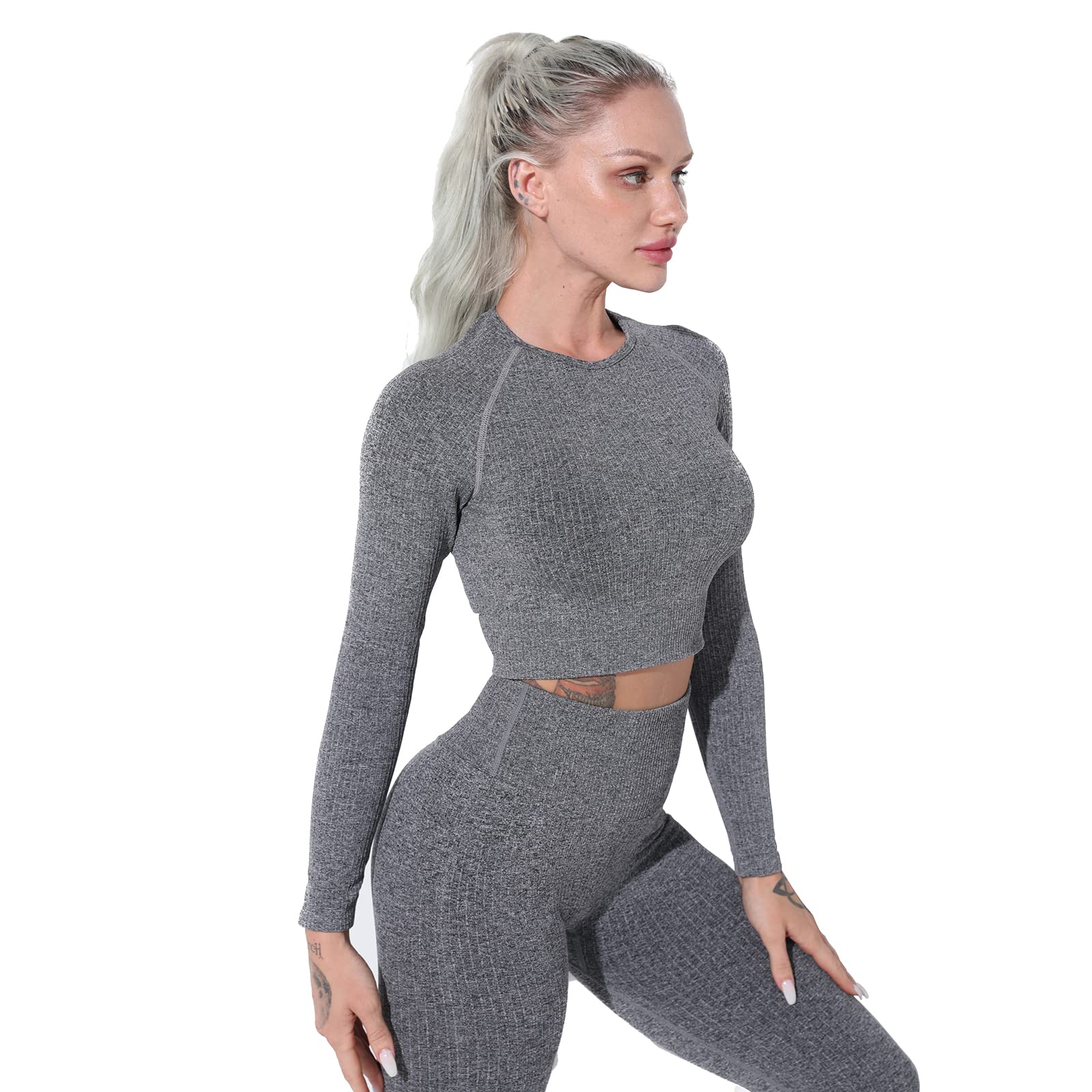Workout Sets for Women 2 Piece Long Sleeve Seamless Crop Tops Gym Clothes Outfit