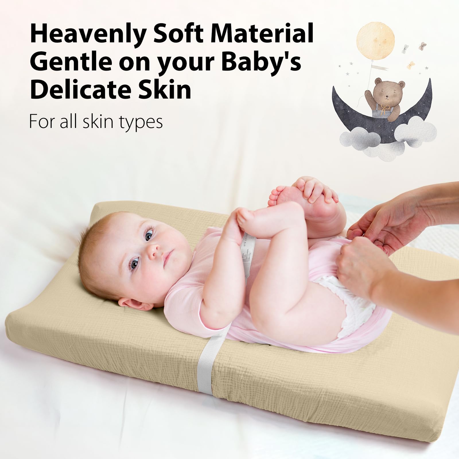 VYPERX Muslin Changing Pad Covers, Solid Color Changing Table Pad Cover, Ultra Soft Breathable Boho Changing Pad Sheets Fit for Standard Changing Pad 16" x 32", 3 Pack (White & Sand & Brown)