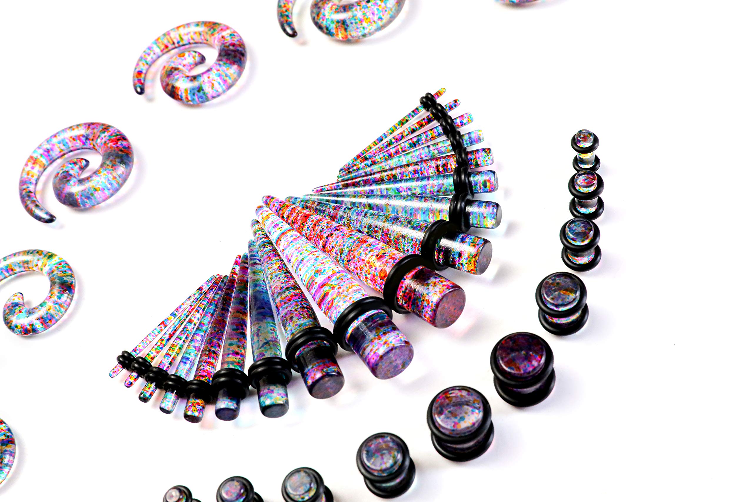 WBRWP 54PC Gauges Kit Ear Plugs and Tunnels Stretching Expander-Starter : 14G-00G Color Splash Acrylic Tapers and Plugs with Double O-Ring and Spiral Taperss Body Piercing Colorful set