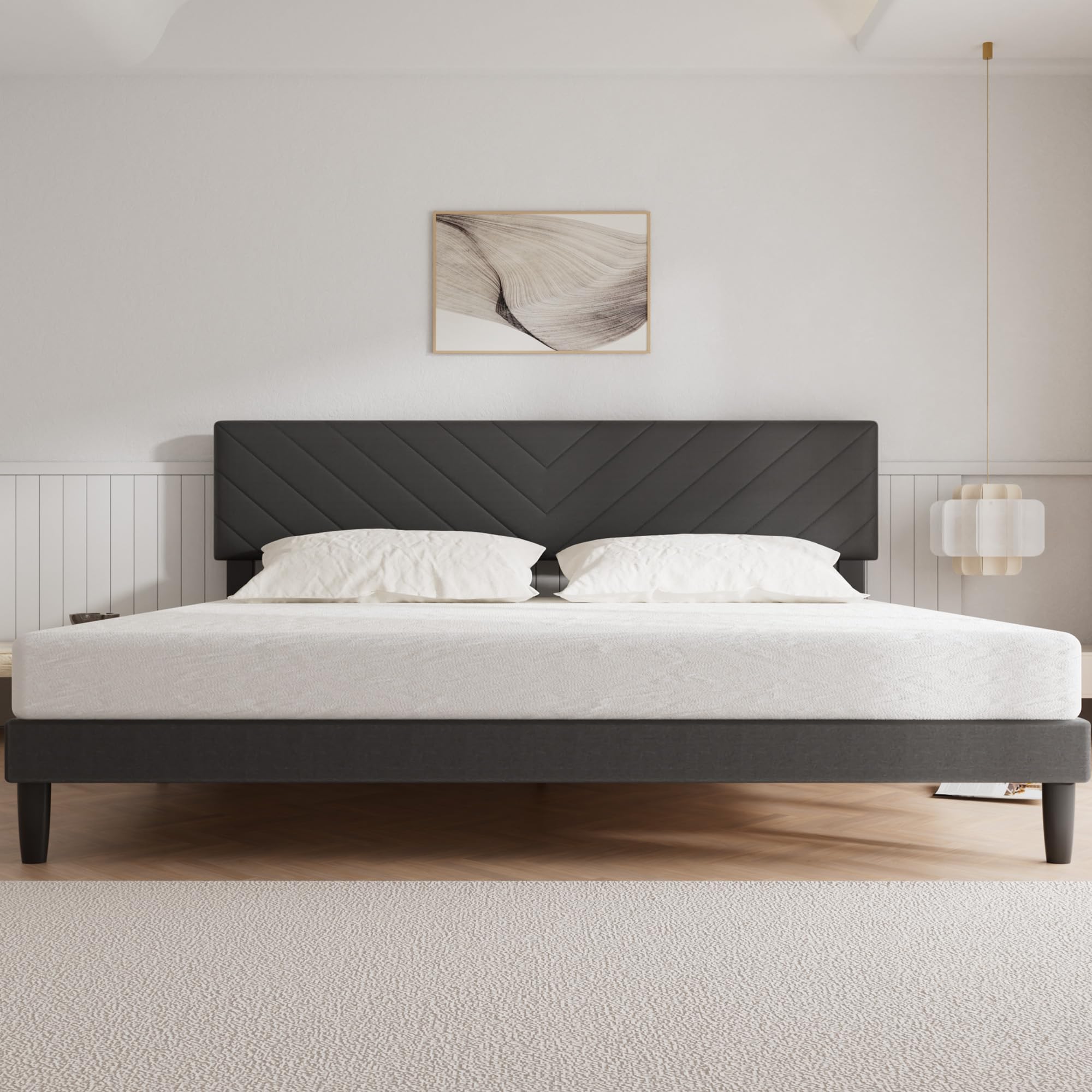 Rottnen Upholstered King Size Bed Frame with High-Adjustable Headboard and Solid Wood Slats Support, Strong Weight Capacity, Non-Slip and Noise-Free,No Box Spring Needed, Easy Assembly, Grey