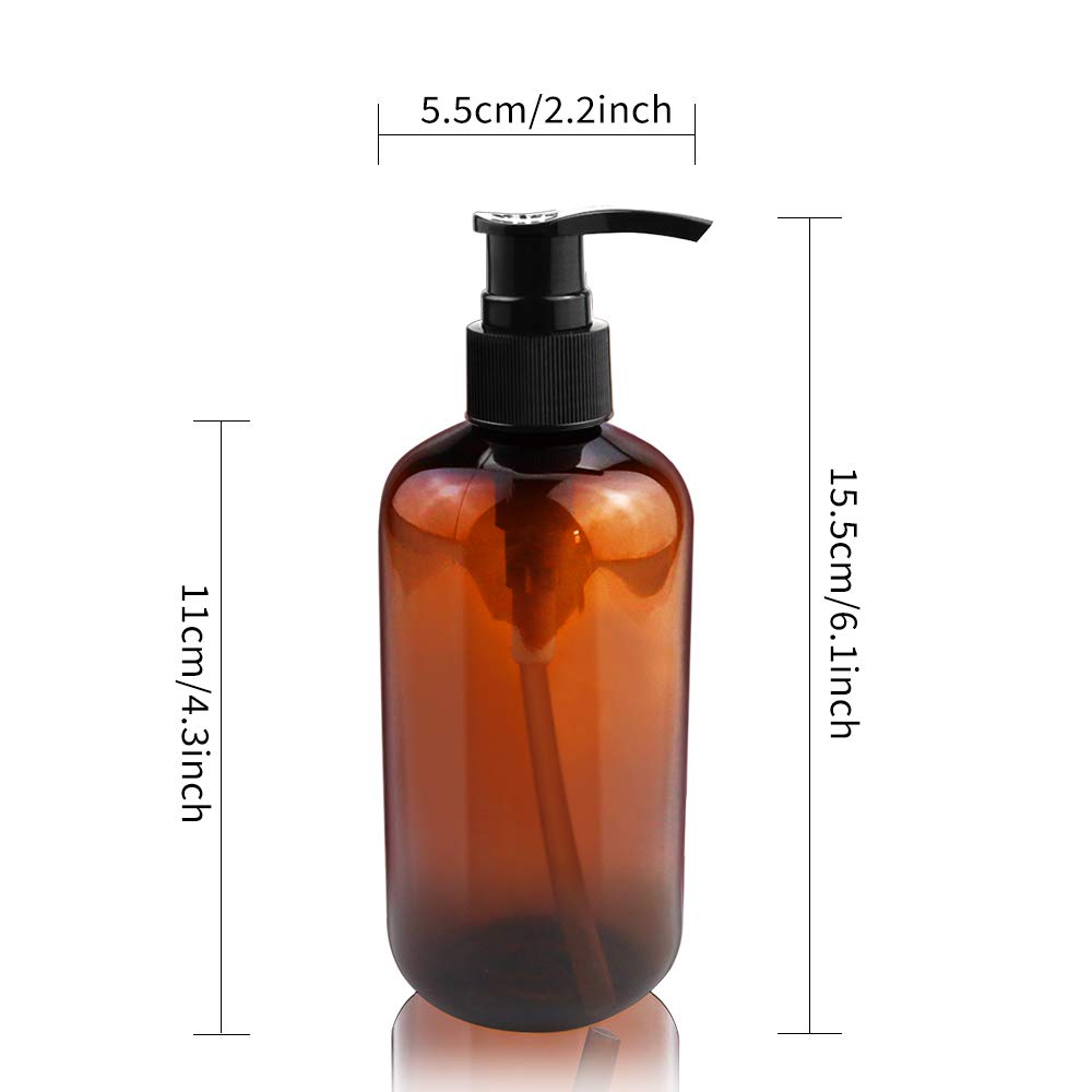 SKPPC 6 Pack 8oz Empty Plastic Pump Bottles, BPA-Free, Amber Refillable Pump Lotion Bottles with Travel Lock for Body Wash, Shampoo, Hand Sanitizer, Lotion