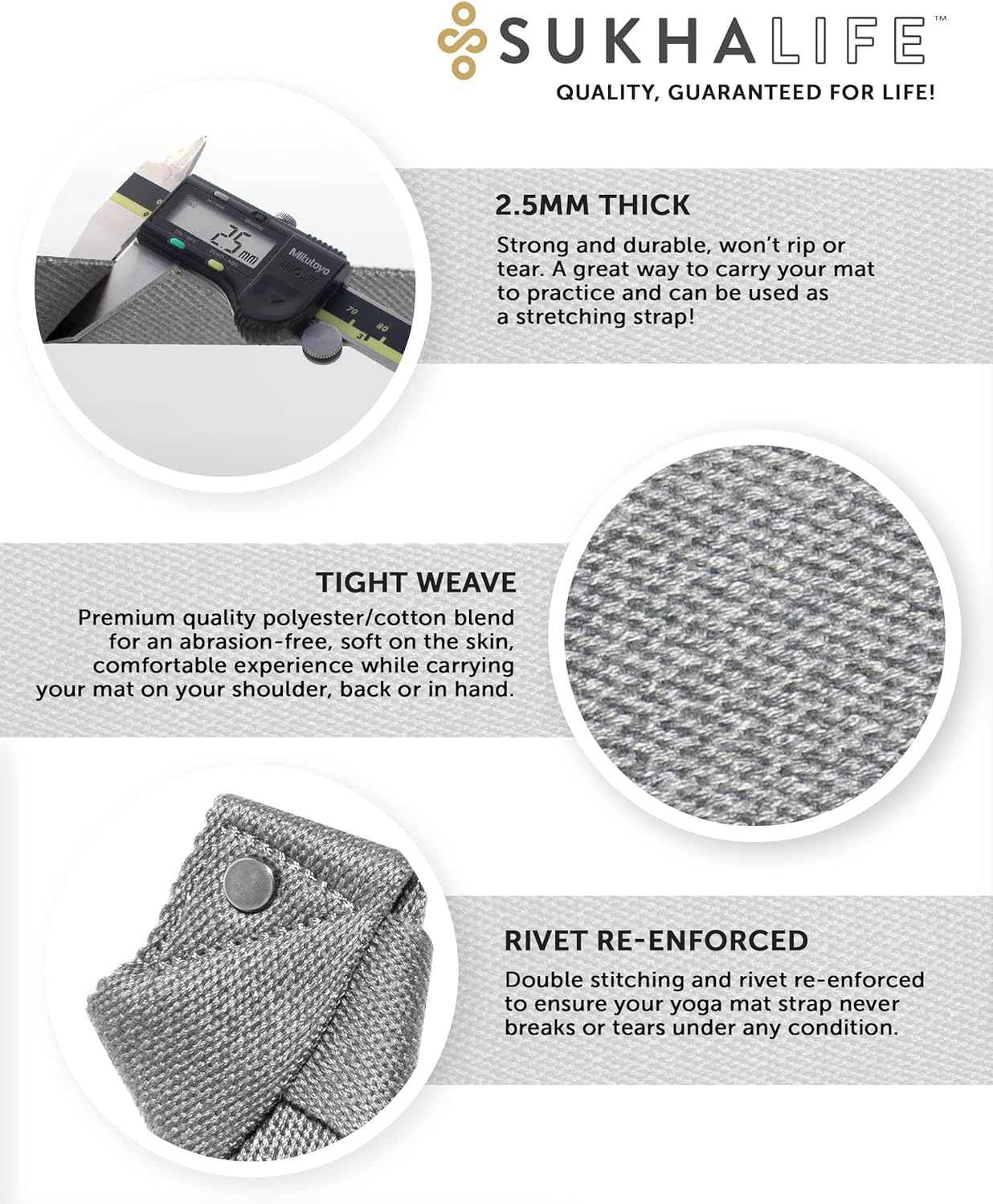 SukhaMat - Yoga Mat Carry Strap, Extra-Durable & Comfortable | Multi-Purpose Strap for Your Yoga Mat (Grey)