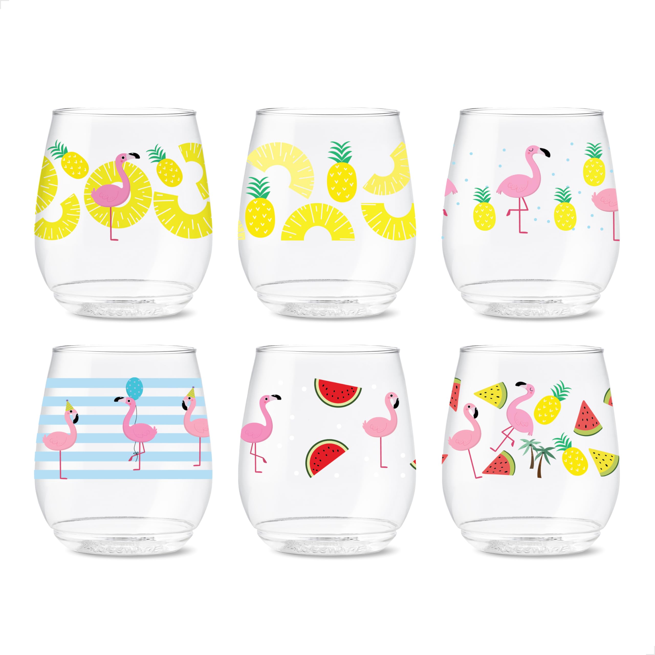 TOSSWARE POP 14oz Vino Let's Fla-mingle Series, SET OF 6, Premium Quality, Recyclable, Unbreakable & Crystal Clear Plastic Printed Glasses