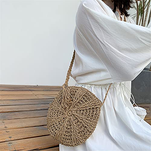 XMLMRY Straw Bag Women's Straw Clutch Purse Summer Beach Bags Envelope Wallet Woven Handbags(Small round bag-Khaki)