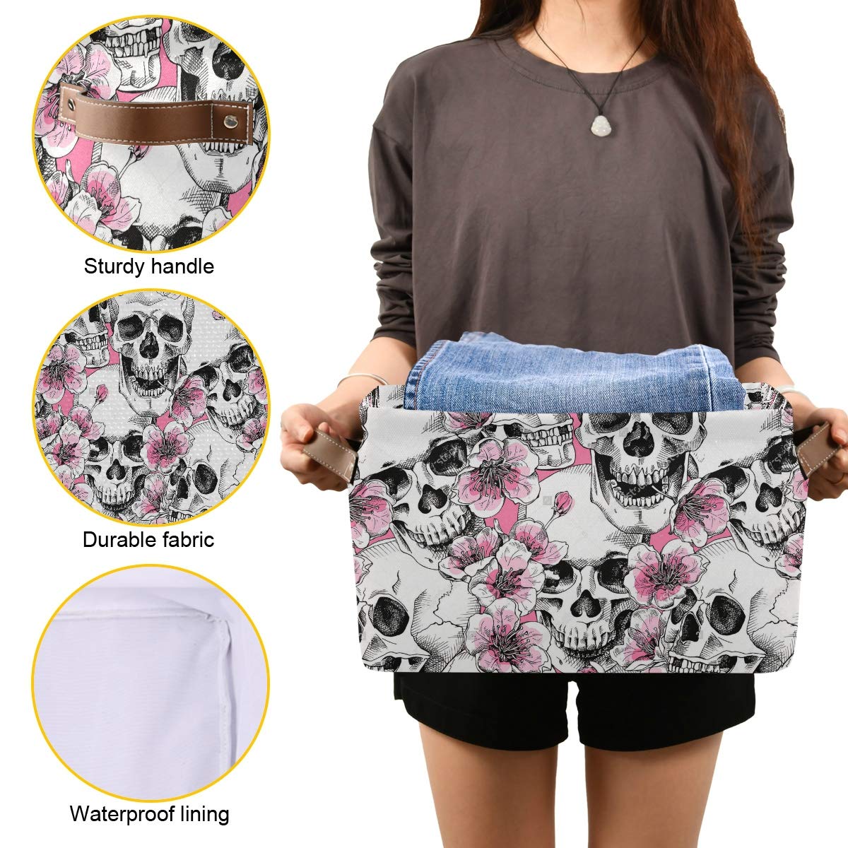 Skull and Cherry Blossoms Dog Toy Baskets Canvas Collapsible Box Chest Organizer for Laundry Hamper Toy Bins Gift Baskets Bedroom Clothes Baby