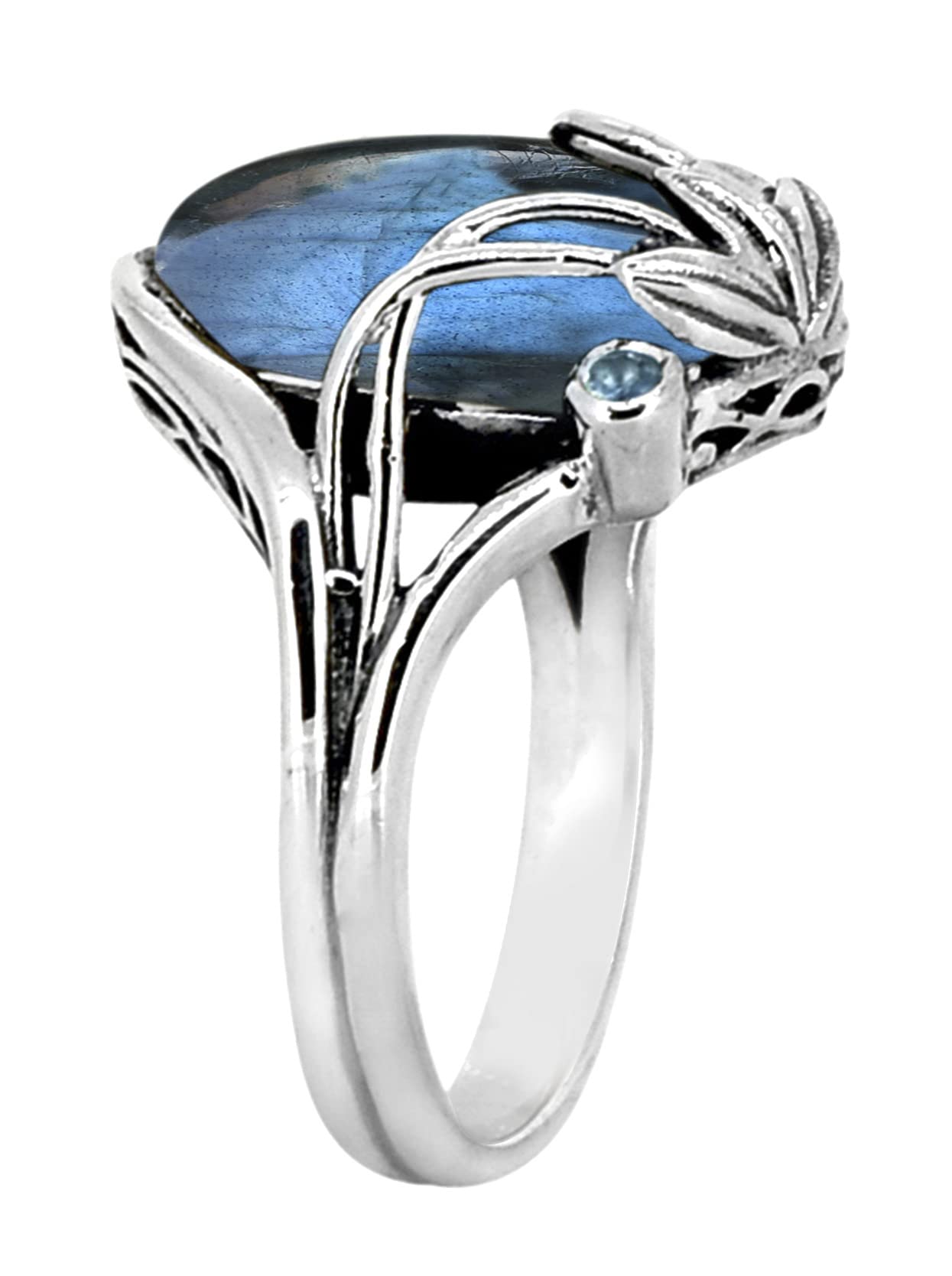 YoTreasure 12x16 MM Labradorite & Swiss Blue Topaz Solid 925 Sterling Silver Designer Ring