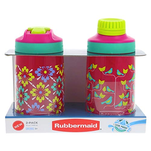 Rubbermaid Kids Water Bottle Sip, Chug - Leak-Proof Reusable Container - Help Keep Your Kids Hydrated - BPA-Free - Equipped with Protective Spout Cover - 14 Ounces, Flowers with Birds, 2 Pack