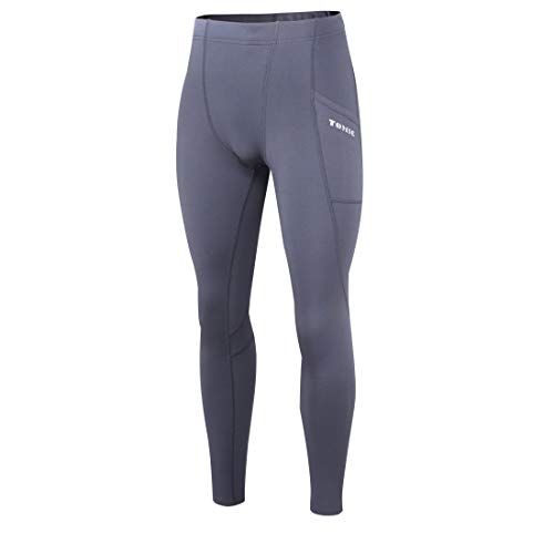 Tomic Men's Compression Leggings Sports Tights Yoga Workout Fleece Lined Thermal Base Layer Pants Side Pockets Gray XL