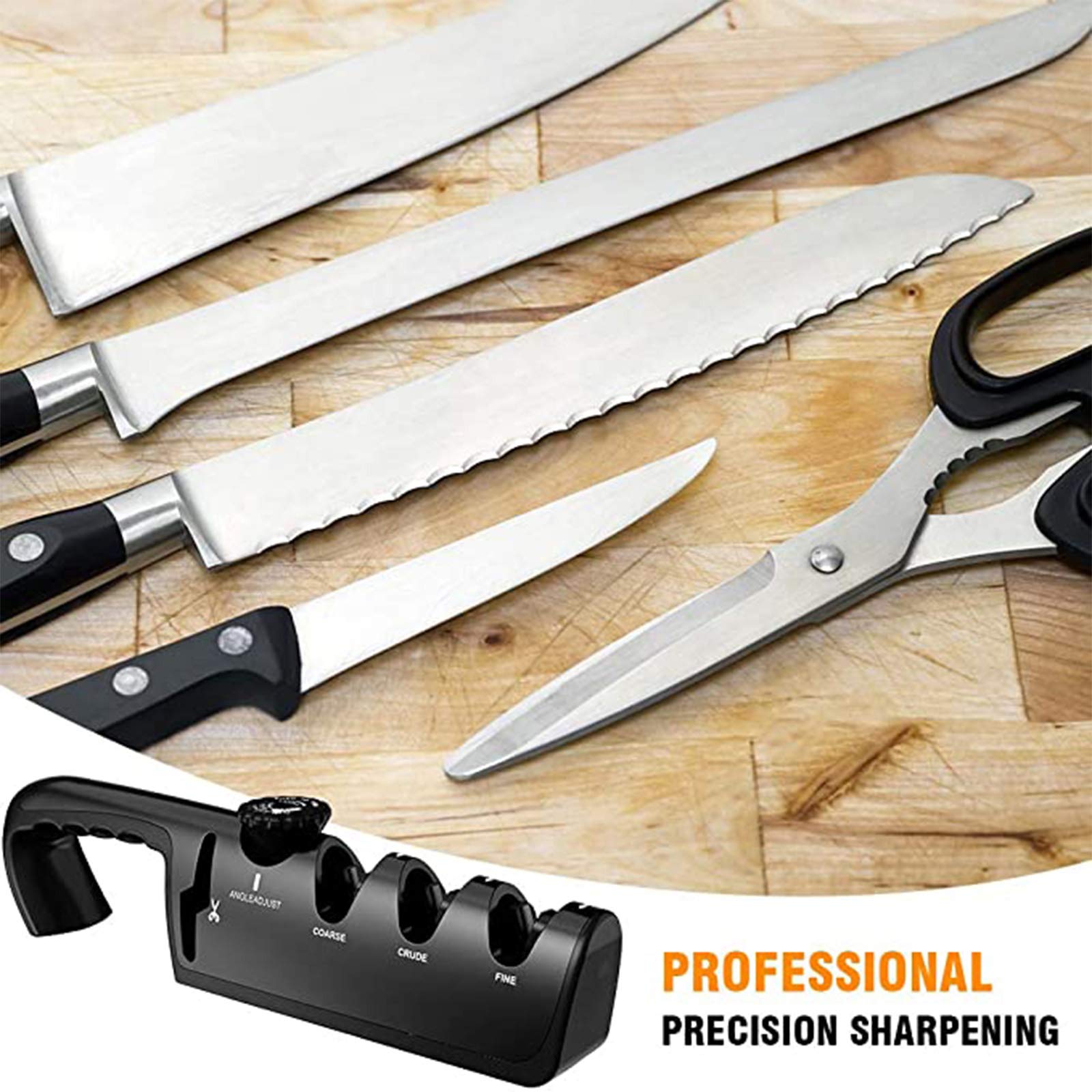 WUIO Knife Sharpener, Kitchen Professional 4 in 1 Blade Sharpening Tool Tungsten Steel Diamond Ceramic Sharpen Polish & Grind Knife Sharp