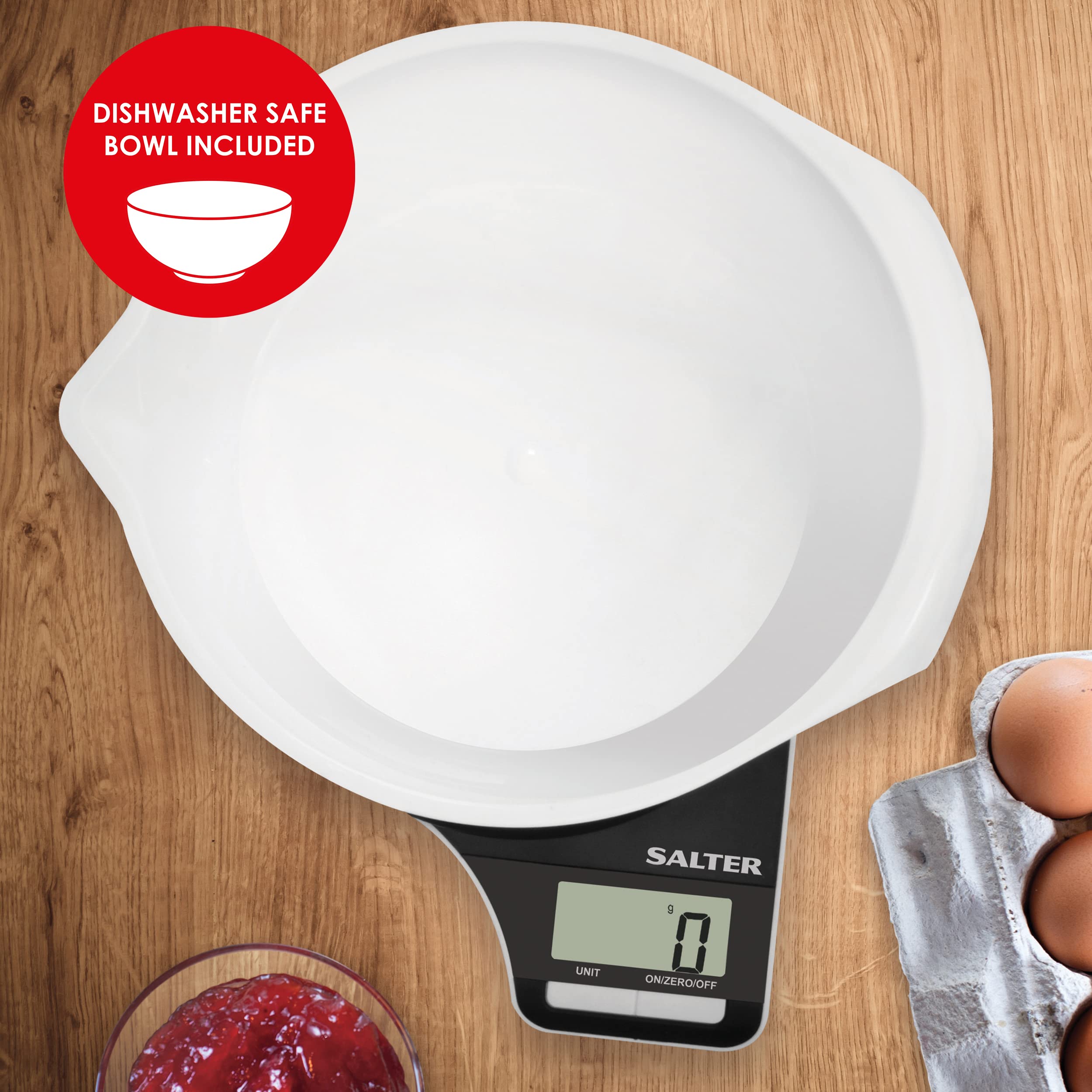 Salter 1089 BKWHDR Measuring Jug Electronic Kitchen Scale, Food/Baking Scale, Dishwasher Safe 1.25L Bowl, Easy Pour, Add & Weigh, Measures Liquids/Fluids, 5 Kg Capacity, Metric/Imperial, White/Black