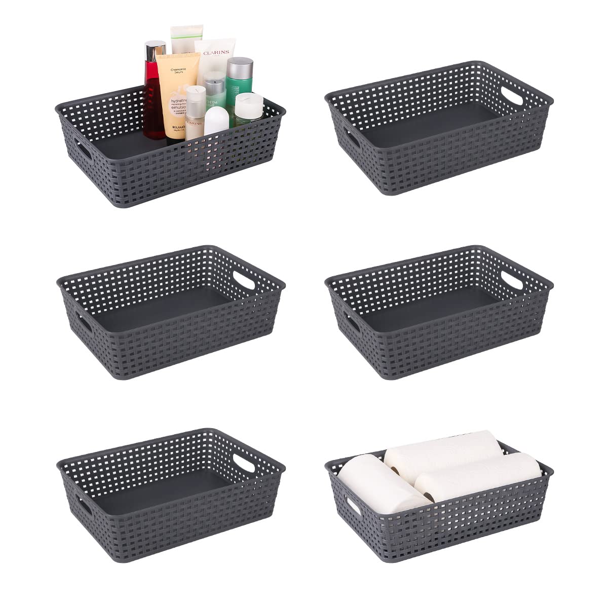 Tonxus Plastic Storage Baskets Set of 6 Durable Small Weave Pantry Organizer Bins Organization and Storage Shelves Baskets Organization for Kitchen,Craft Room Bookshelf and Office (Gray)