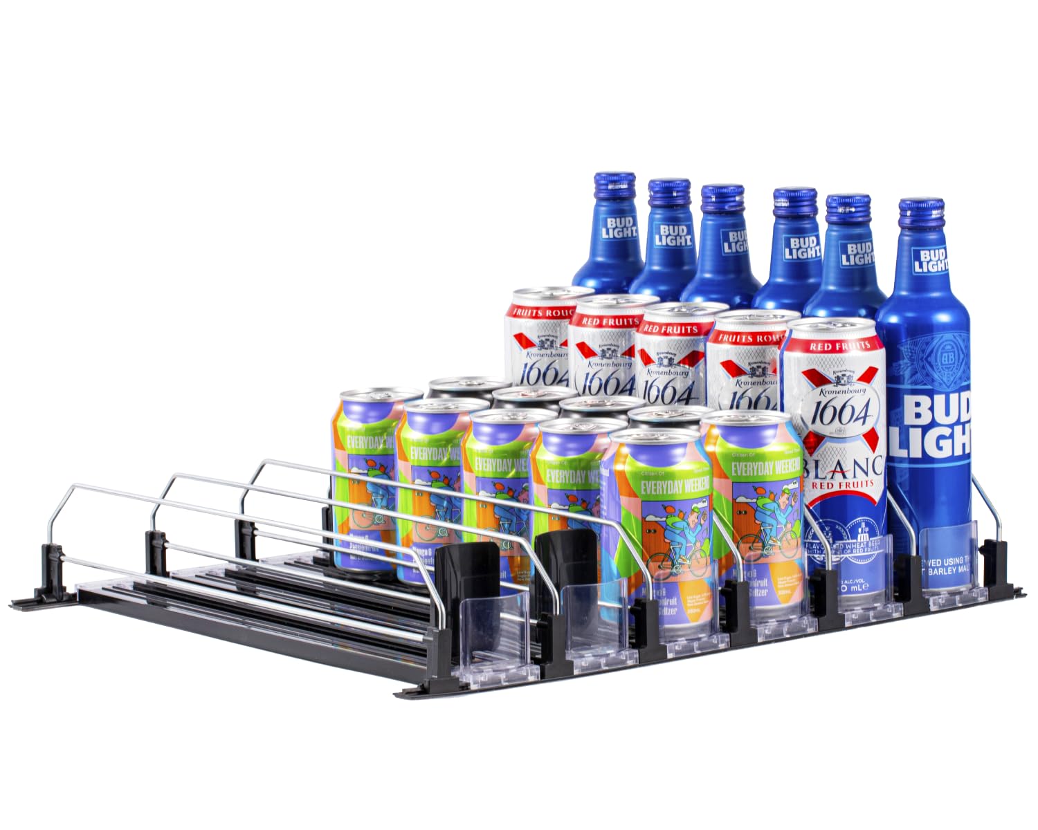 Rula Drink Organizer for Fridge, Self-Pushing Soda Can Dispenser for Mini Refrigerator, Width Adjustable Water Bottle Pusher Glide, Black, 4 Rows,12.2β D
