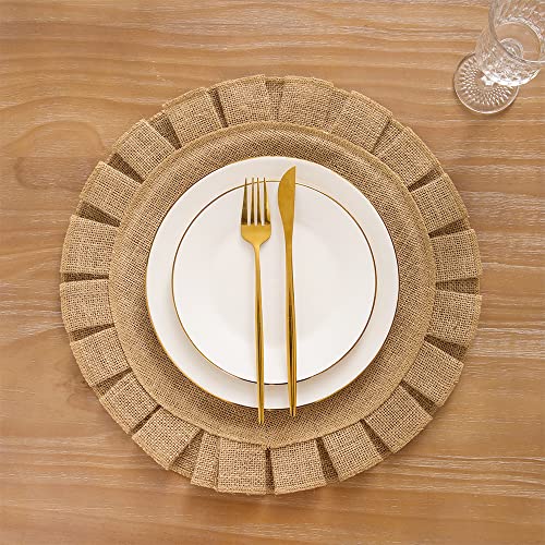 Round Burlap Placemats Farmhouse Rustic Mats Burlap with Ruffle Edge Placemats Set of 4 15inch for Dinner Plates