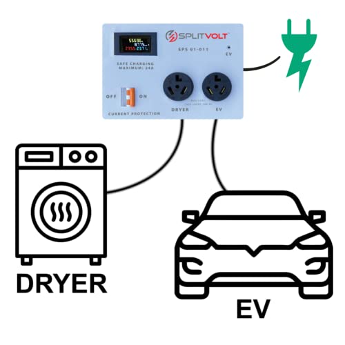 Splitvolt NEMA 10-30/10-30 Splitter Switch 10-30 Plug to Two 10-30 Outlets (A&B) - Automatic Power Switching for Dryer and EV and Real-time Display, 24 Amp, 240V EVSE