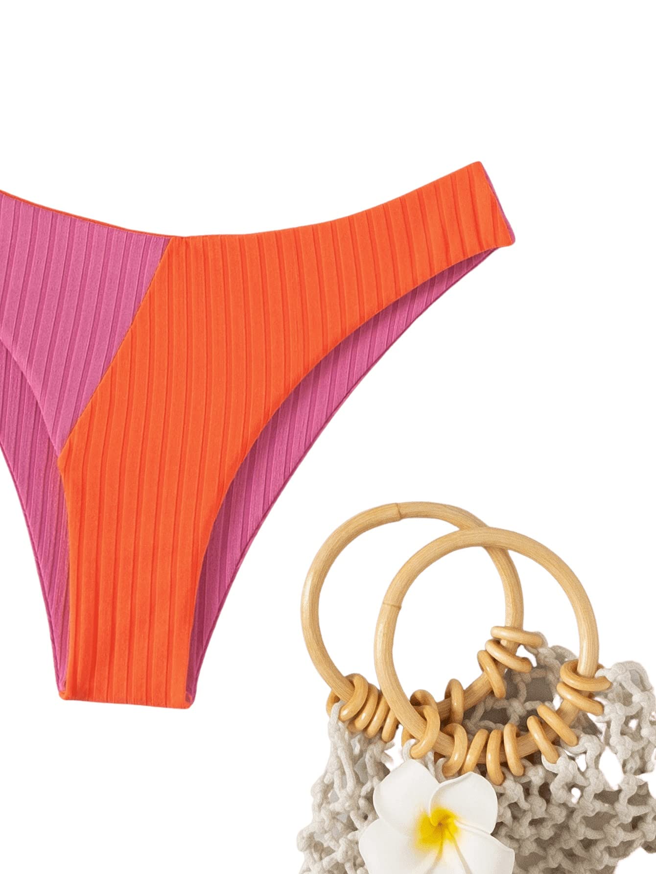 SOLY HUX Women's Sexy Bikini Set Color Block Ring Linked Bathing Suits 2 Piece Swimsuit Orange and Pink S