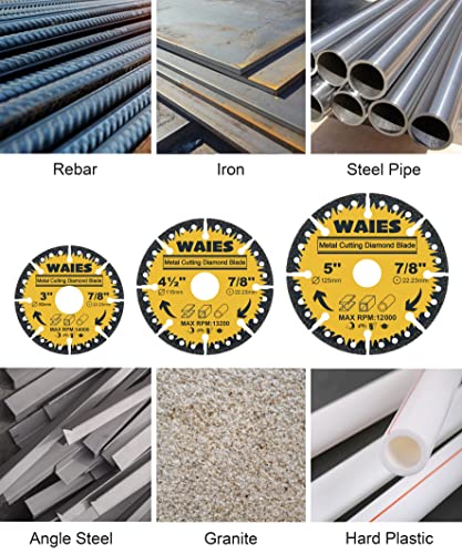 Waies 4-1/2 Inch Metal Cutting Diamond Blade for Angle Grinders, All Purpose Metal Cut Off Wheels for Steel, Rebar, Sheet Metal, Angle Iron, Stainless Steel (3PCS)