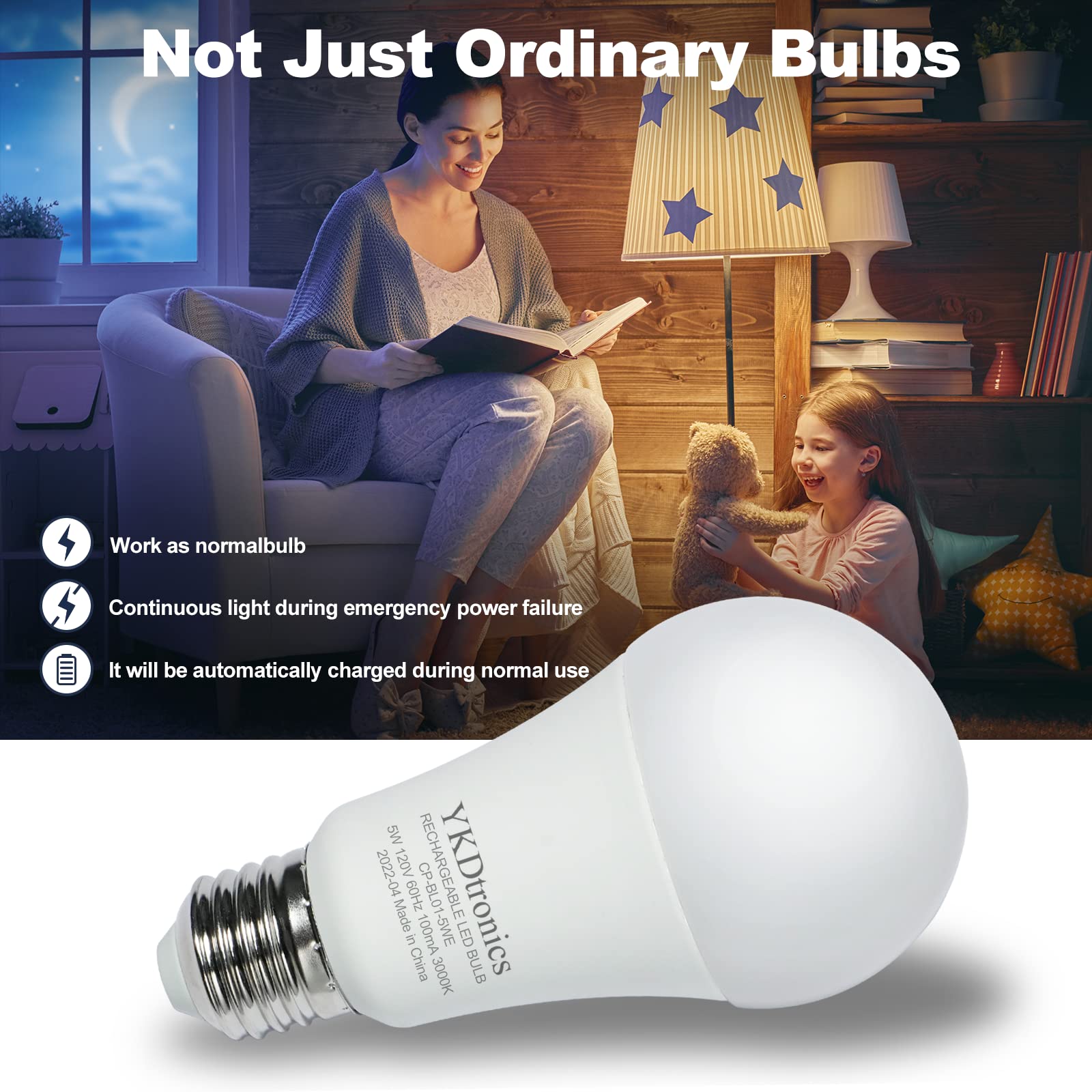 YKDtronics Rechargeable Emergency Light Bulbs, Multi-Function Battery Light bulb for Power Outage, Camping, 2000mAh Battery Backup 850 Lumens 9W 60W Equivalent 5000K Daylight E26/E27 120V 4Pack