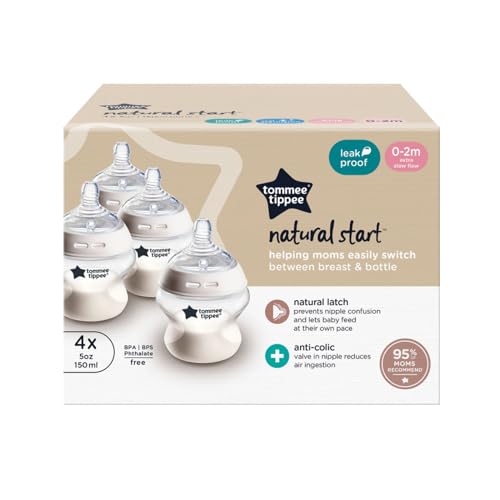 Tommee Tippee Baby Bottles, Natural Start Anti-Colic Baby Bottle with Slow Flow Breast-Like Nipple, 5oz, 0m+, Baby Feeding Essentials, Pack of 4