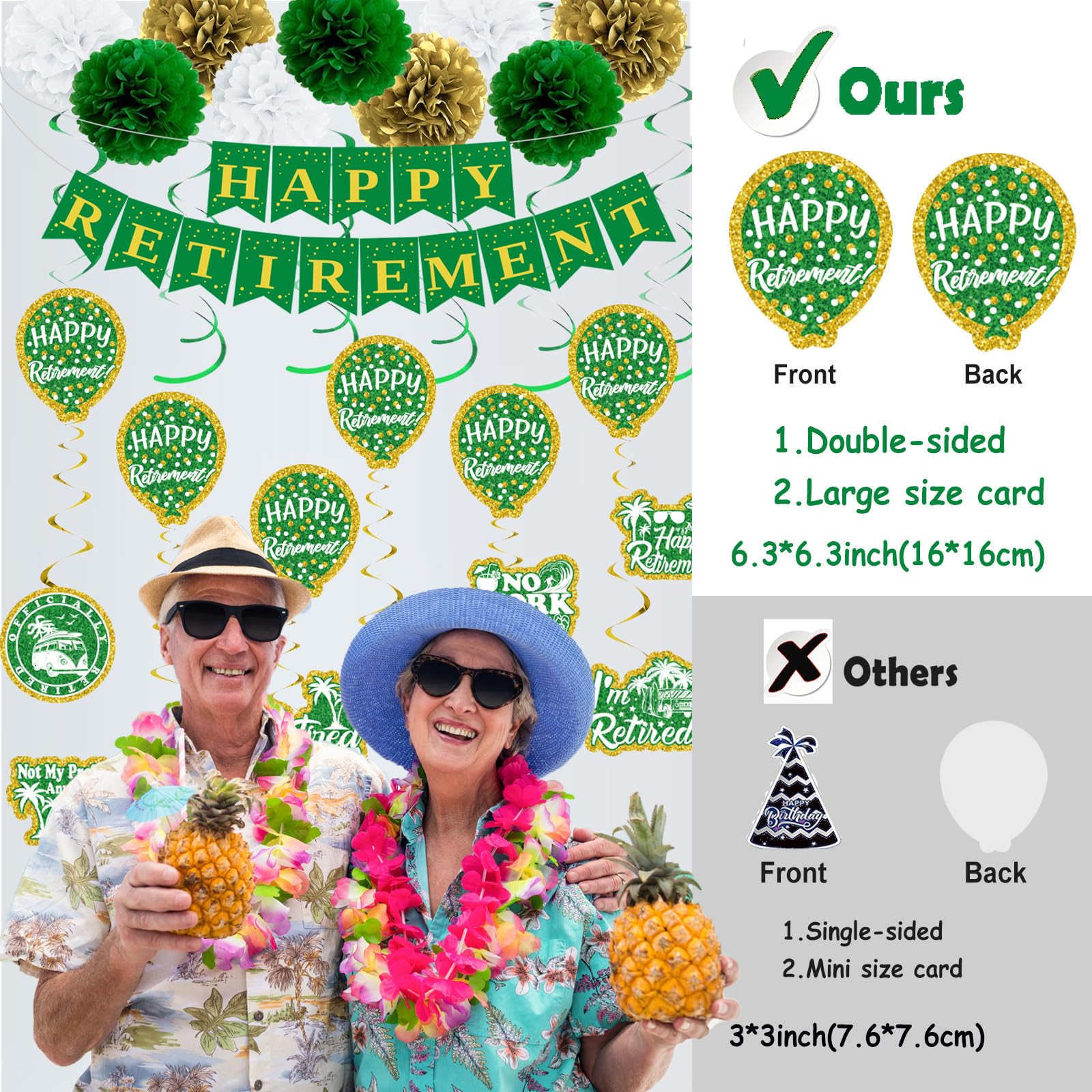 Retirement Decorations Green Gold Beach Theme Happy Retirement Party Decorations Men Women Happy Retirement Banner Gifts, Retirement Decor Double-Sided Pattern Card, Pompoms Hanging Swirl Retired Sash