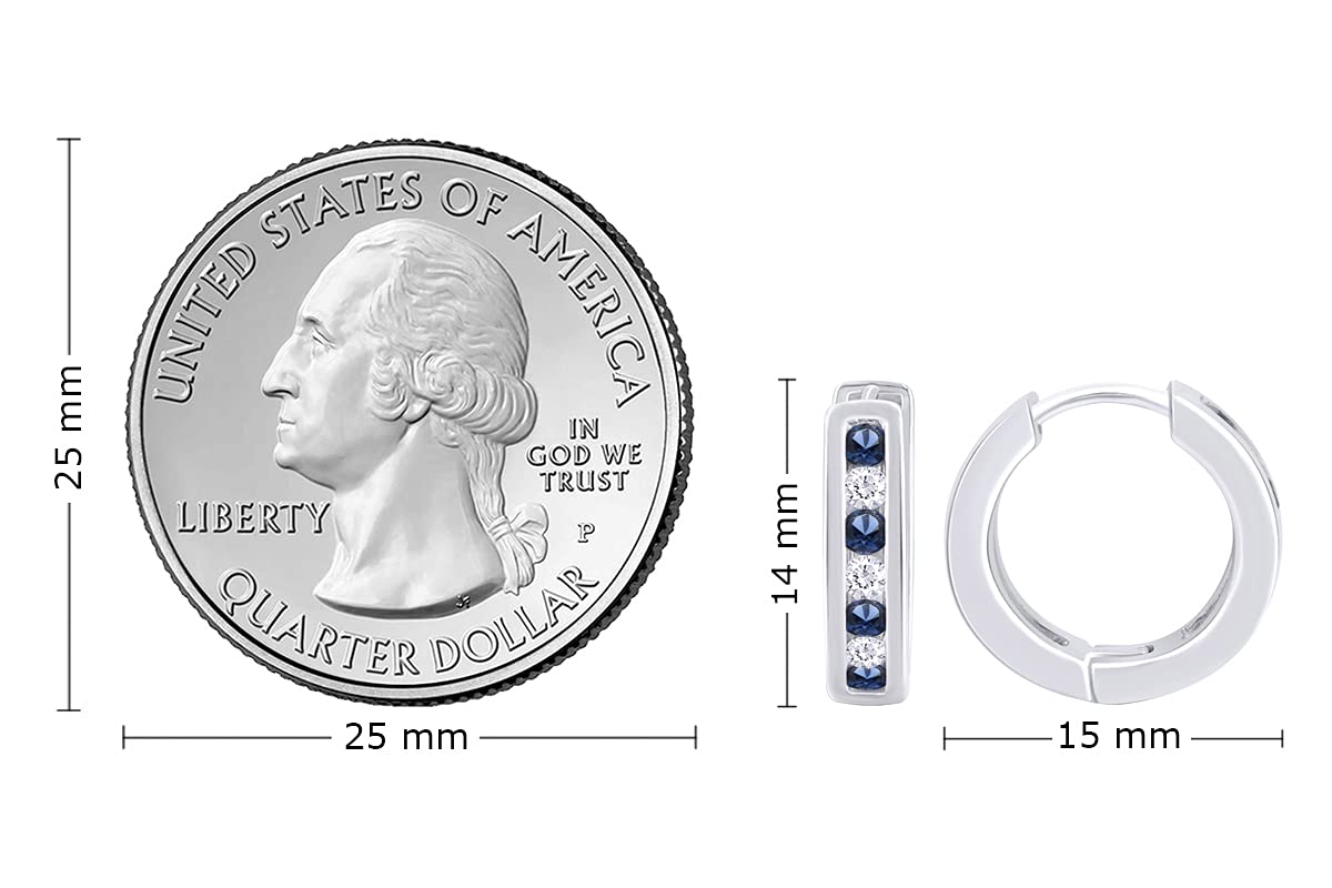 Round Cut Simulated Blue Sapphire With Cubic Zirconia Huggies Hoop Earrings In 14K White Gold Over Sterling Silver